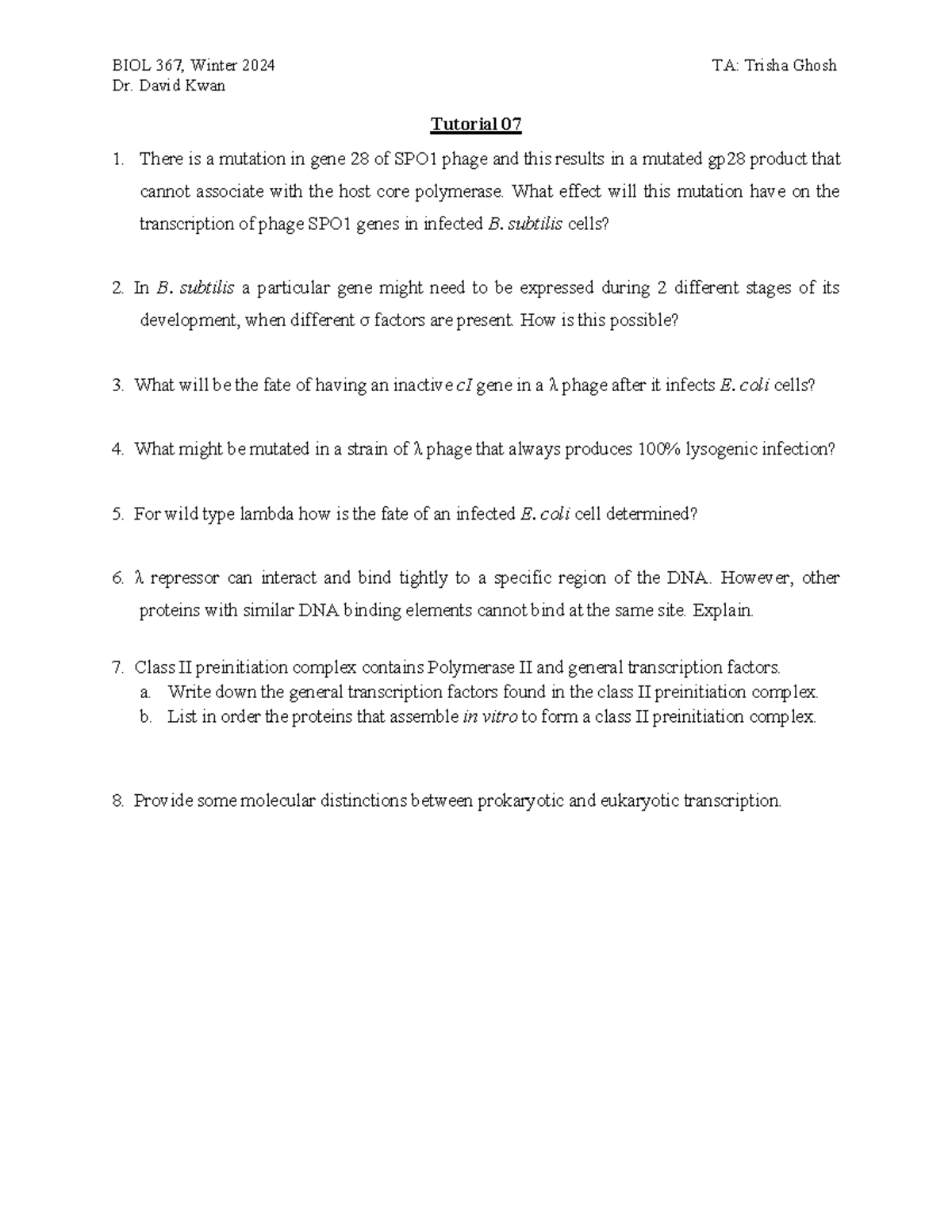 Tut7 Tutorial 7 Biol 367 Winter 2024 Ta Trisha Ghosh Dr David
