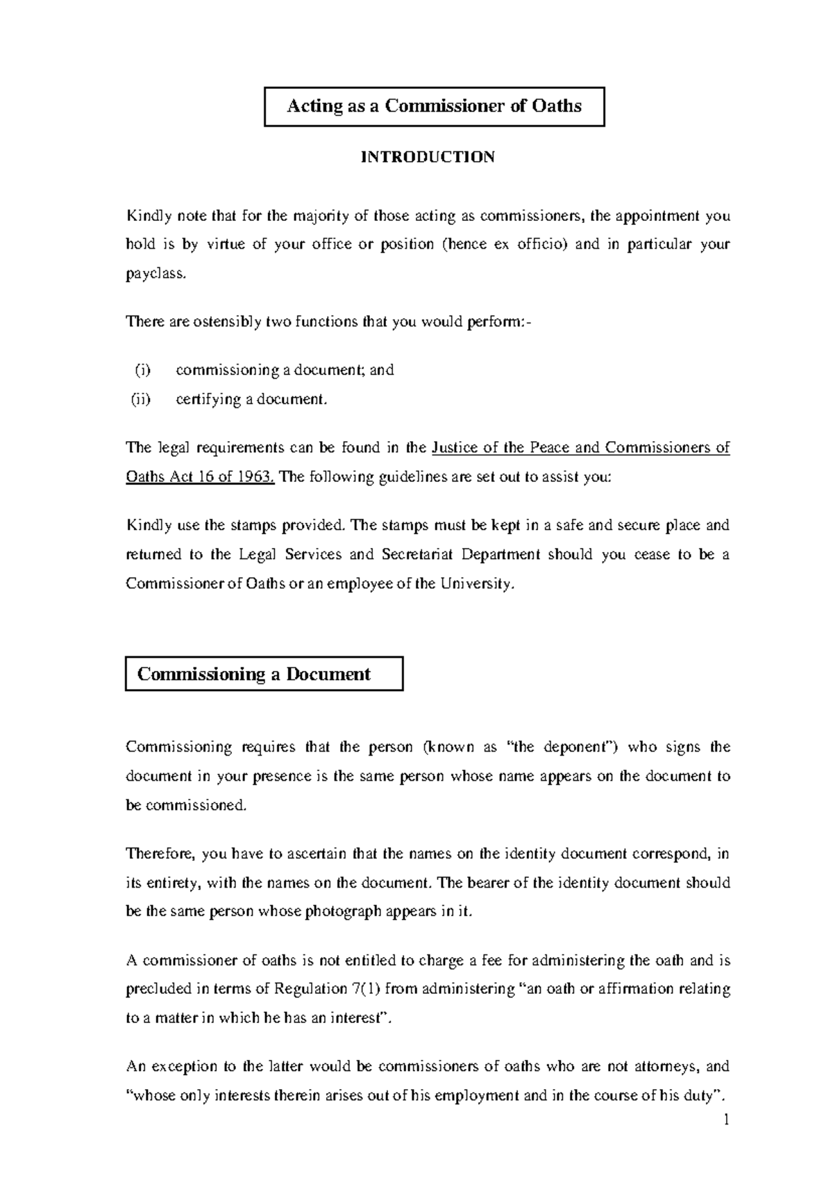 UCT Commissioner of Oaths guidelines - INTRODUCTION Kindly note that for the majority of those ...