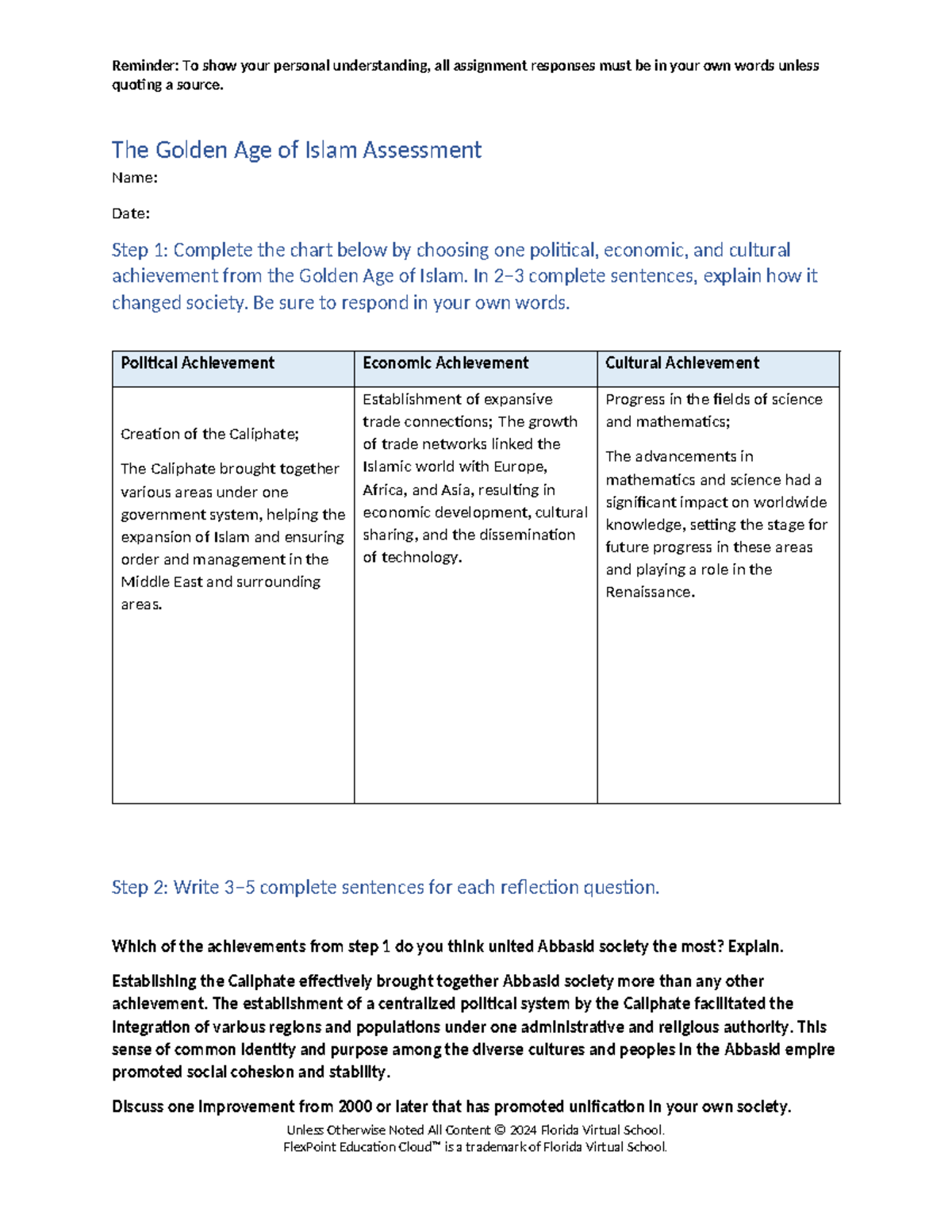 World history golden age of islam assignment - Reminder: To show your ...