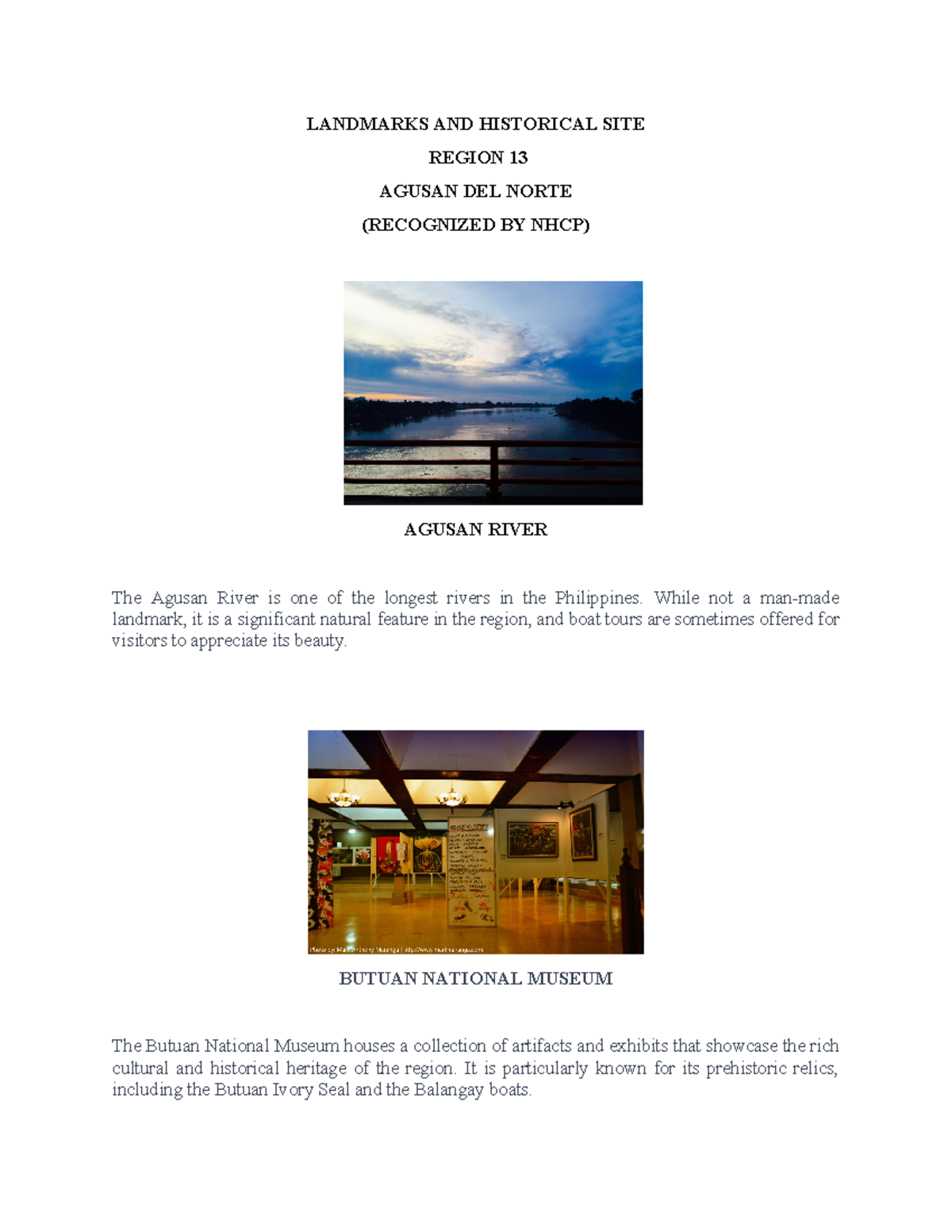 Region 13 ( Caraga) - LANDMARKS AND HISTORICAL SITE REGION 13 AGUSAN ...