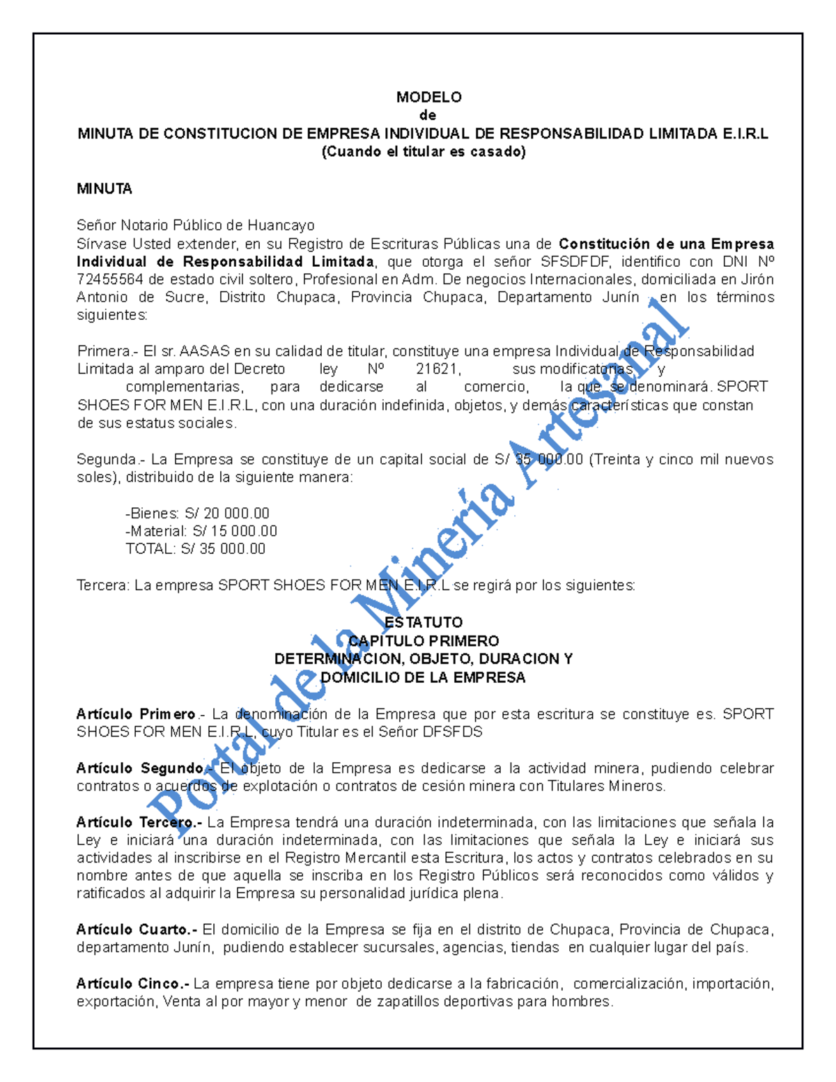 Sport Shoes FOR MEN E.I.R.L. - MODELO de MINUTA DE CONSTITUCION DE EMPRESA INDIVIDUAL DE - Studocu