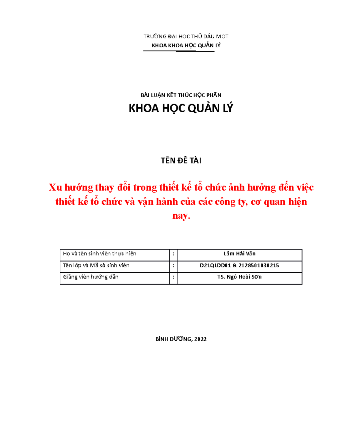 Lam Hai Van 2128501030215-baitieuluanketmon - TR NG Đ IƯỜẠ H C TH DẦẦU M TỌỦỘ KHOA KHOA H C QU N ...