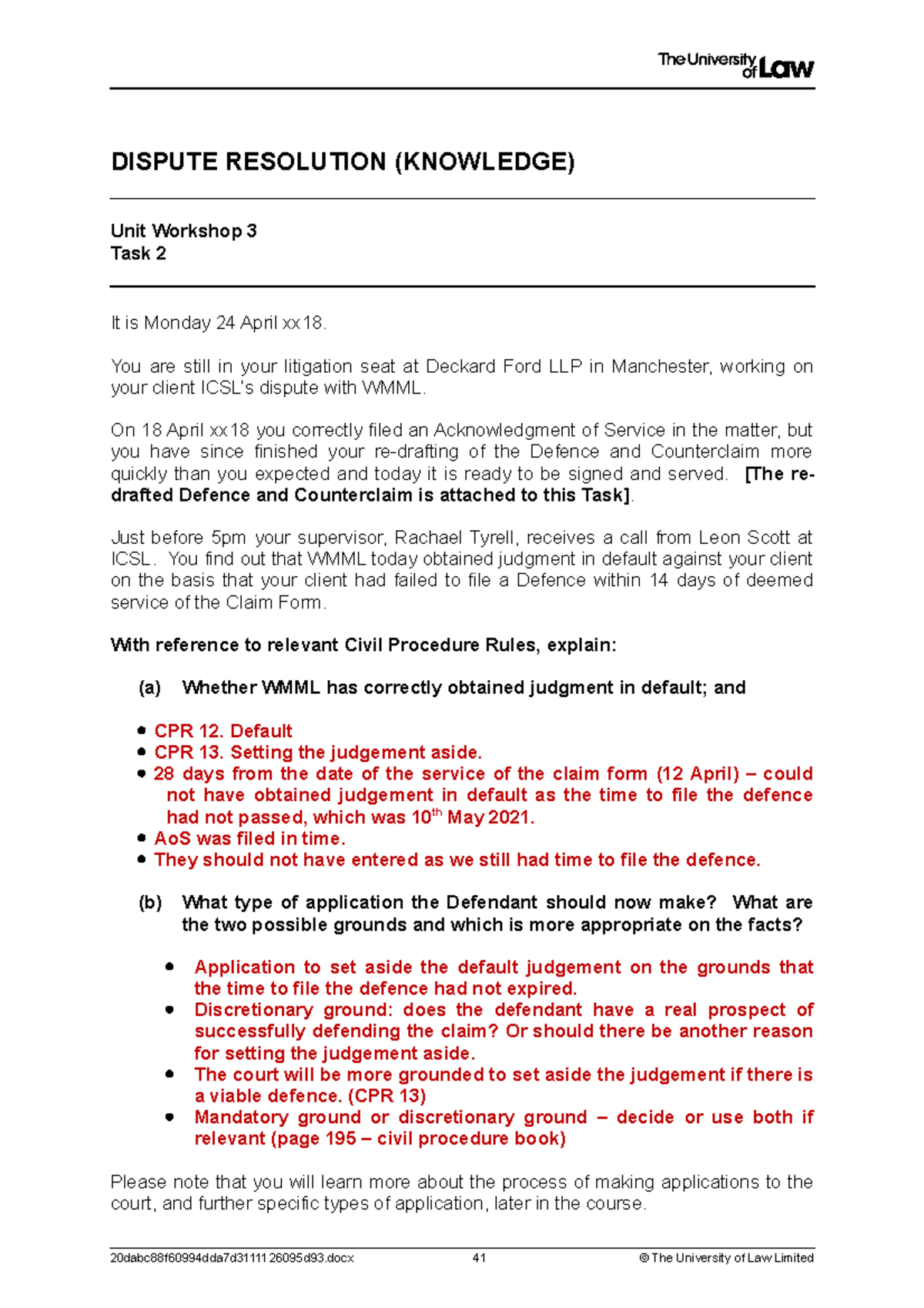 DR - Unit 3 (Workshop Task 2) - DISPUTE RESOLUTION (KNOWLEDGE) Unit ...