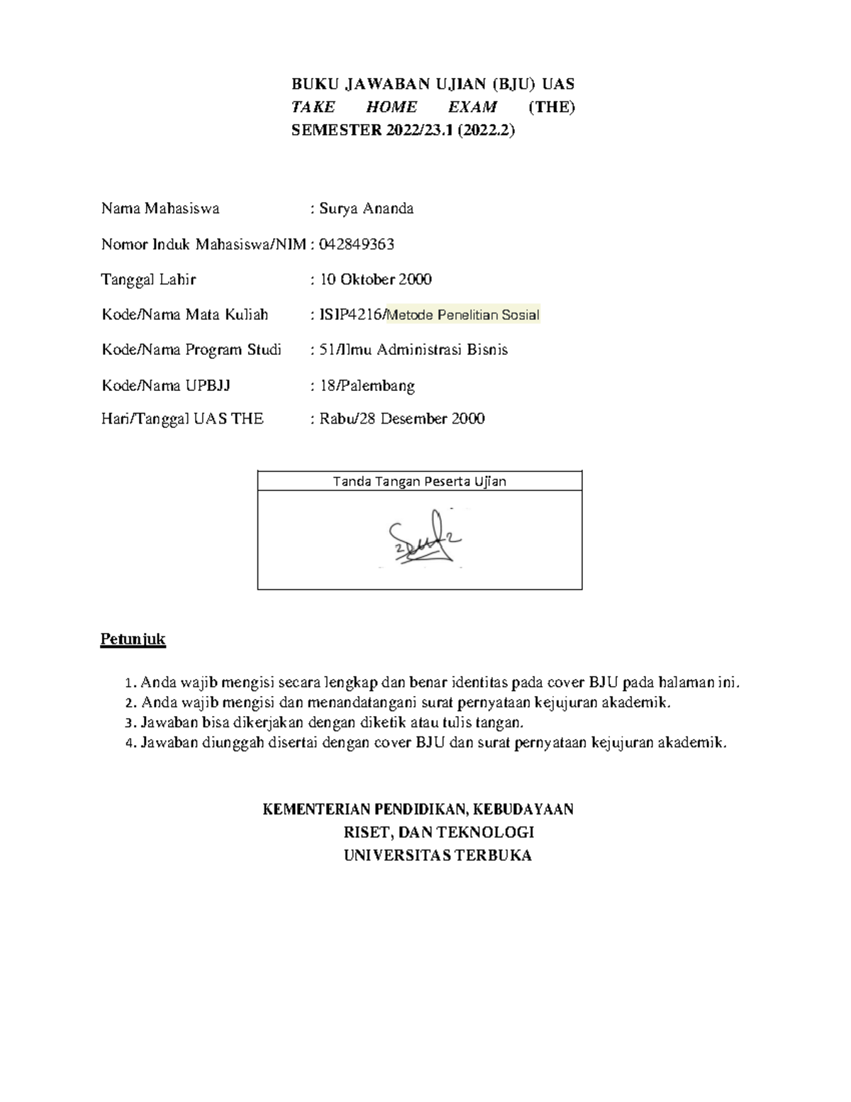 ISIP4216 - Metoda Penelitian Sosial - Tanda Tangan Peserta Ujian BUKU JAWABAN UJIAN (BJU) UAS ...