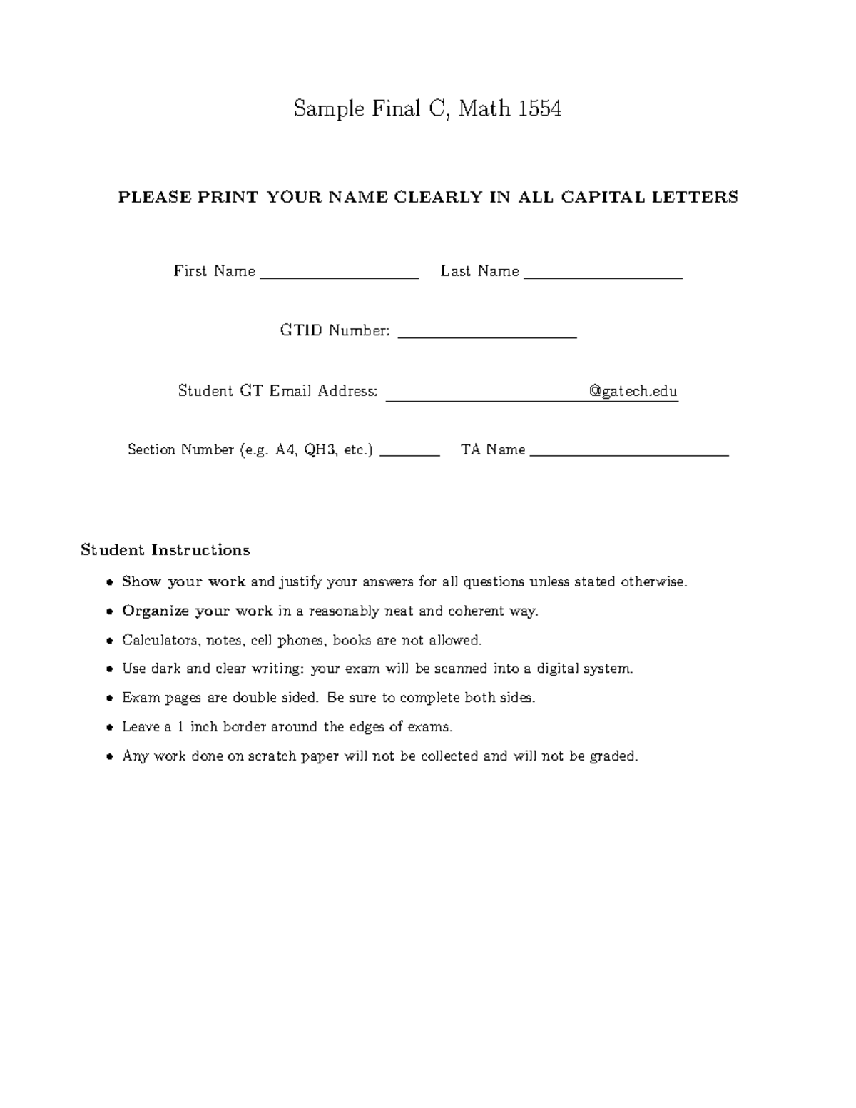 Final Sample C completed with answers - Sample Final C, Math 1554 ...