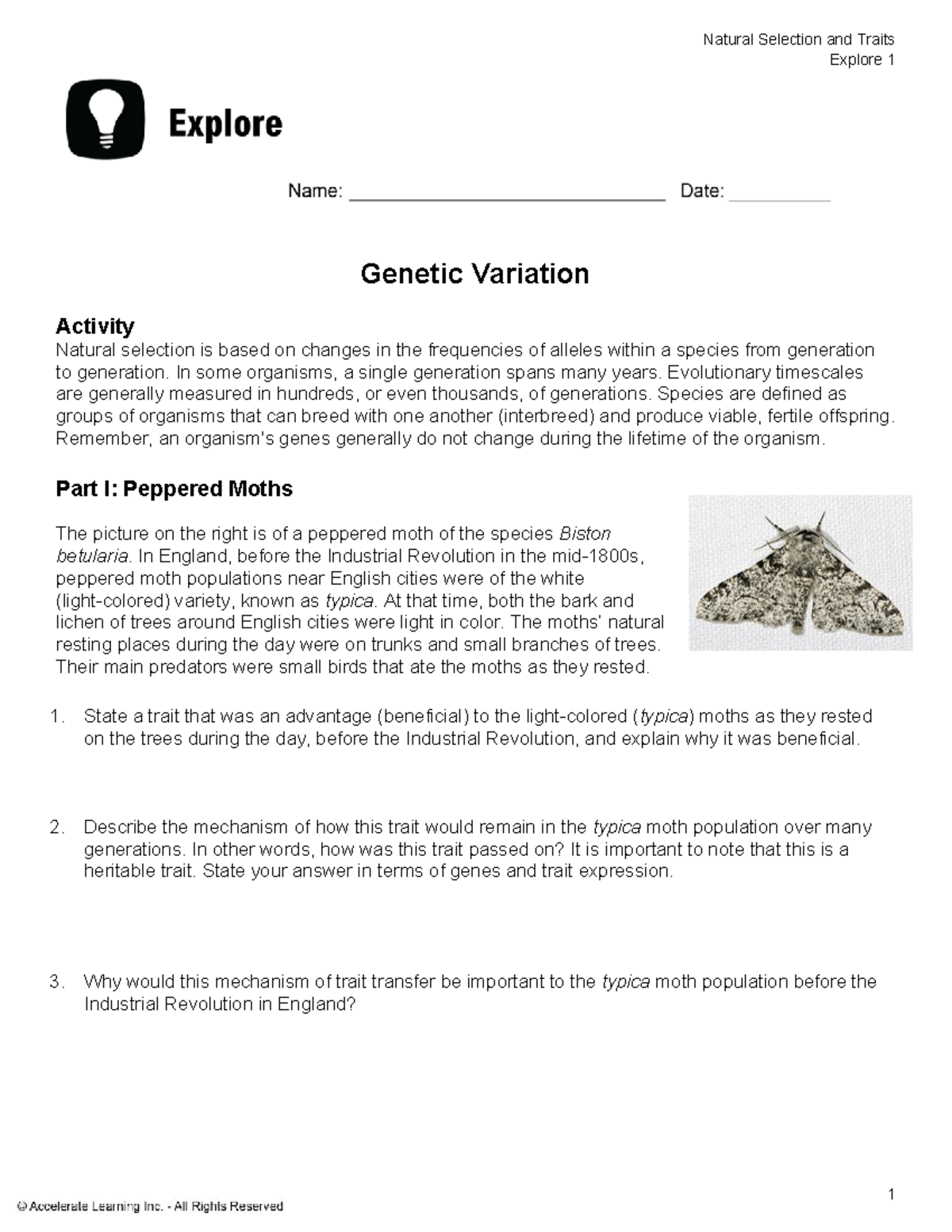 CA Hsless Natural Selectionand Traits Explore 1Activity Genetic ...
