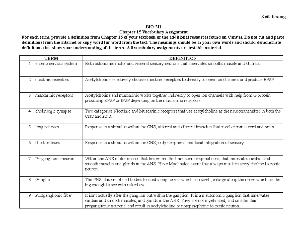 HW 9 (ANS) - Chapter 15 Vocabulary - Keili Kwong BIO 211 Chapter 15 ...