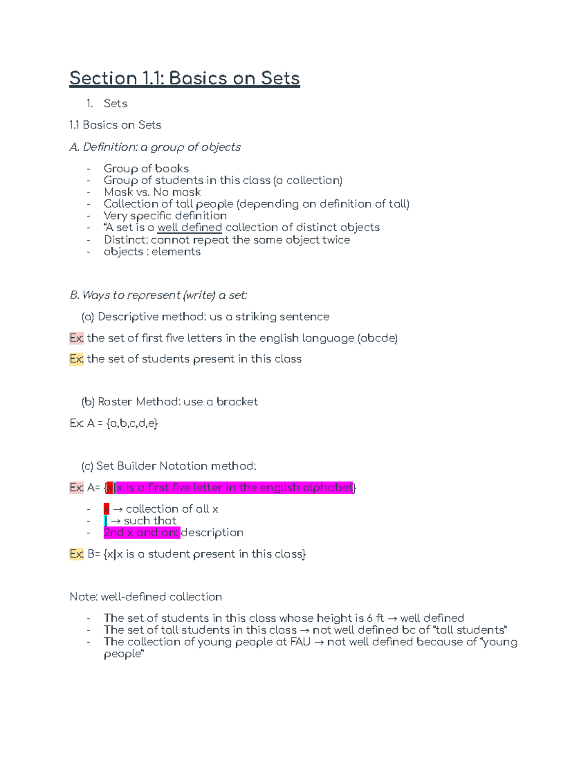Math Liberal Arts Notes - Section 1: Basics on Sets Sets 1 Basics on ...