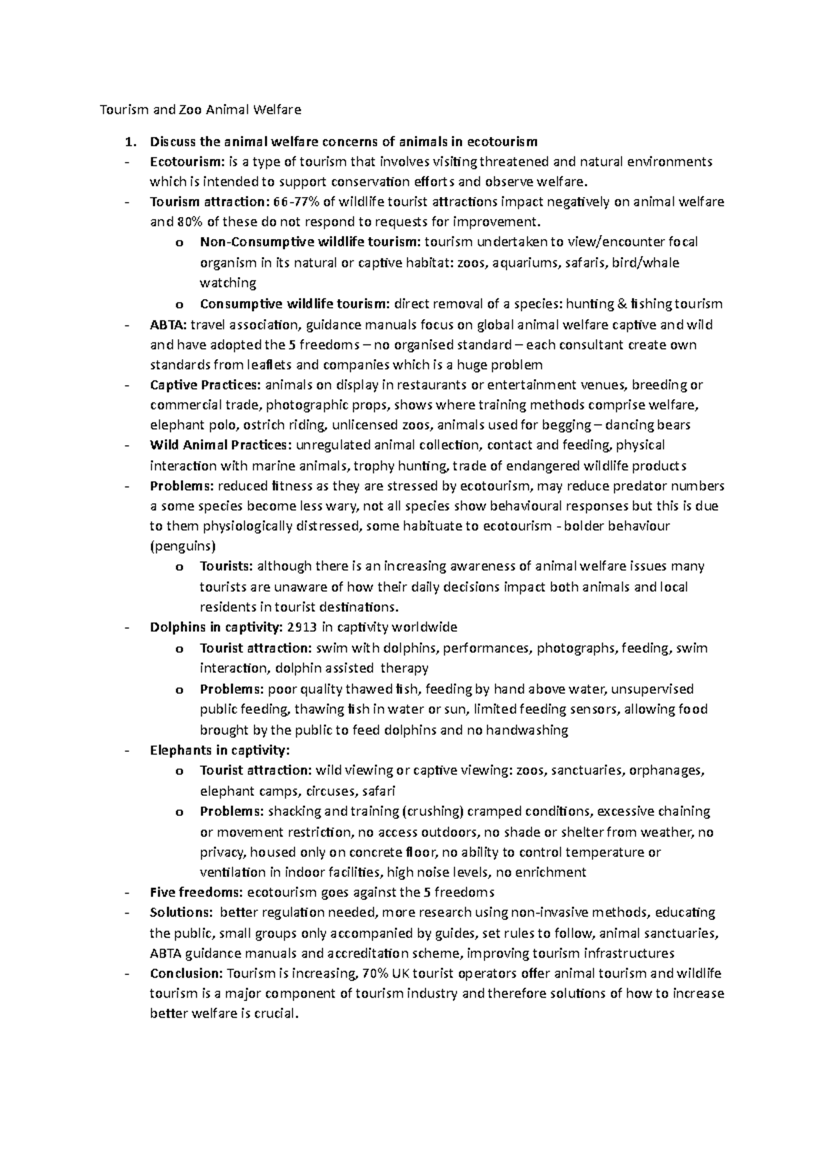 Tourism and Zoo Animal Welfare Question Plan - Tourism and Zoo Animal ...