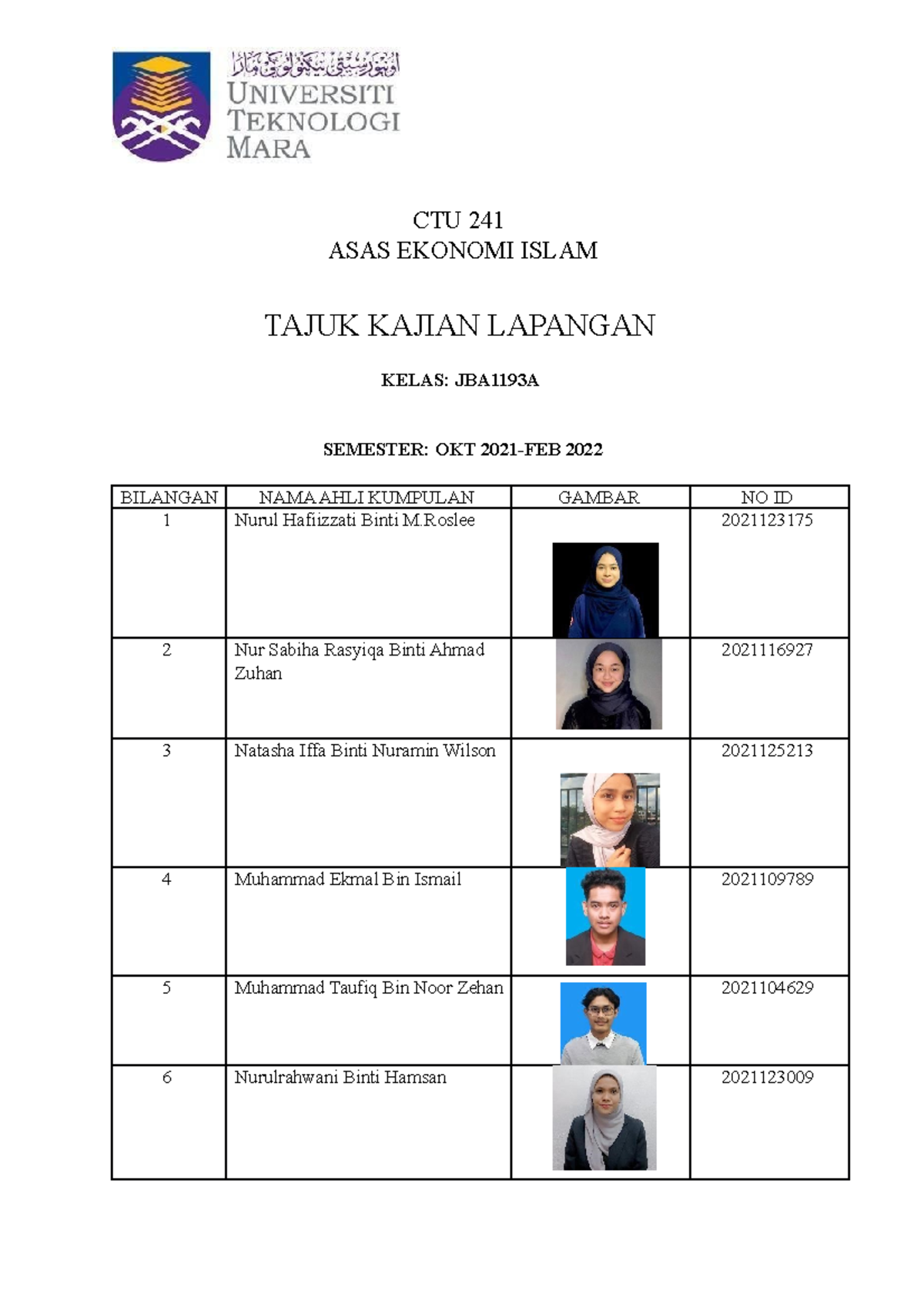 CTU 241 - ASSIGNMENT - CTU 241 ASAS EKONOMI ISLAM TAJUK KAJIAN LAPANGAN KELAS: JBA1193A SEMESTER ...