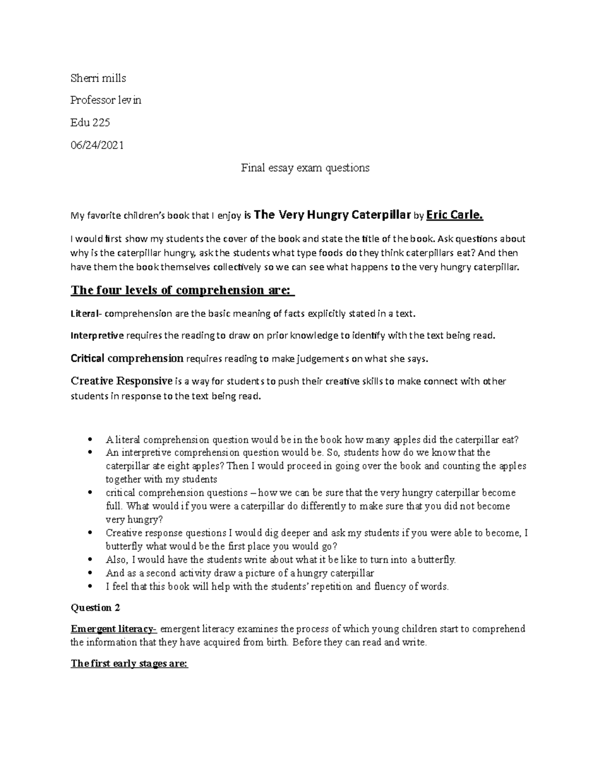 Final exam essay sm - Sherri mills Professor levin Edu 225 06/24/ Final ...