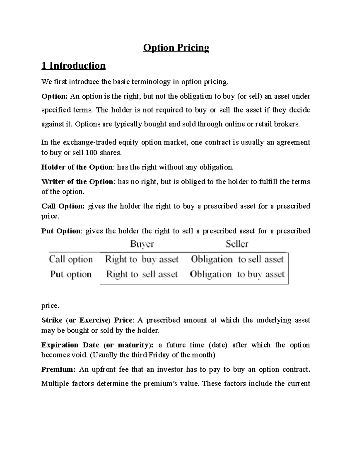 Introduction to Options- Lecture 1 - Option Pricing 1 Introduction We ...