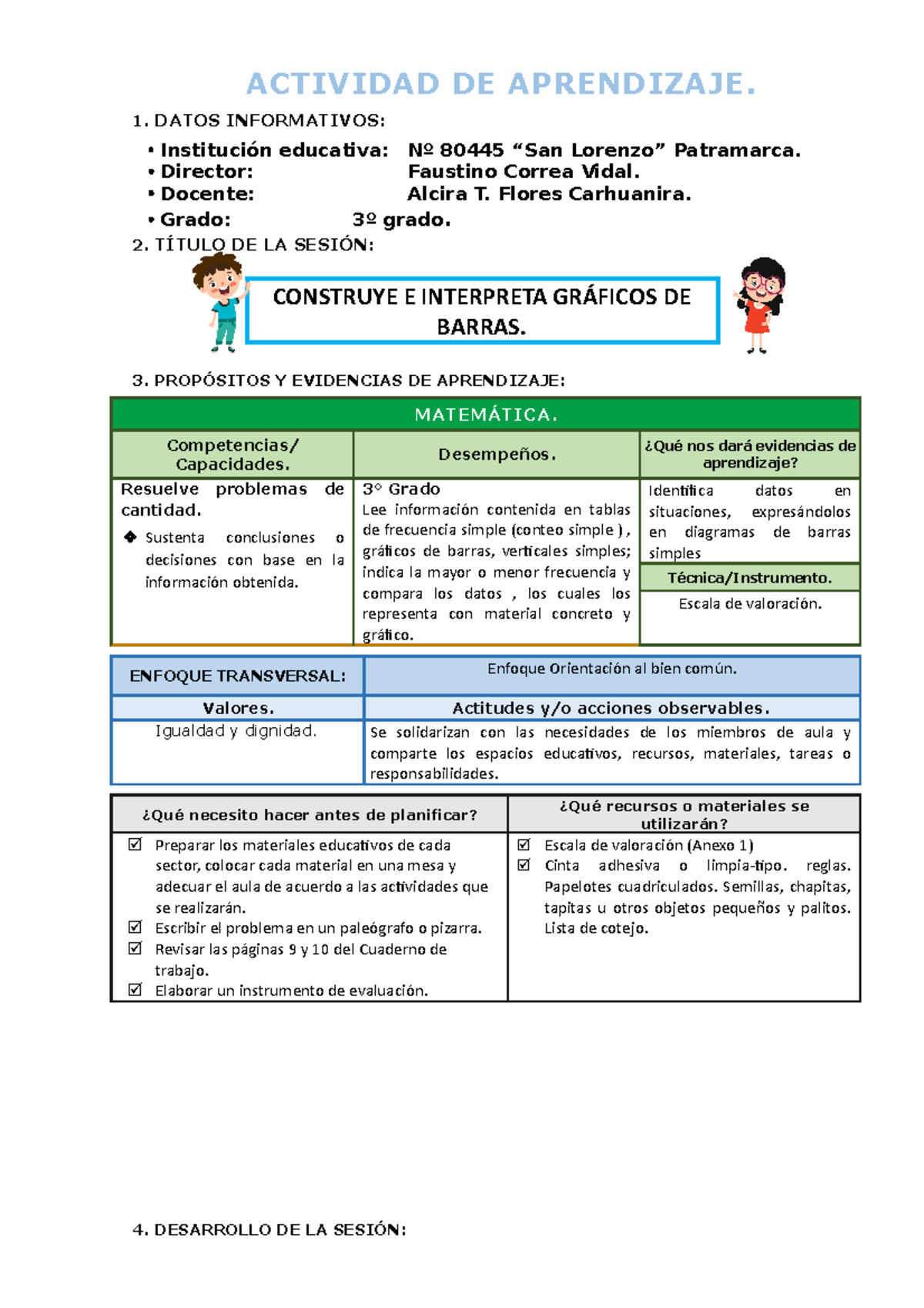 Sesion de aprendizaje de grafico de barras lunes - ACTIVIDAD DE APRENDIZAJE. 1. DATOS ...