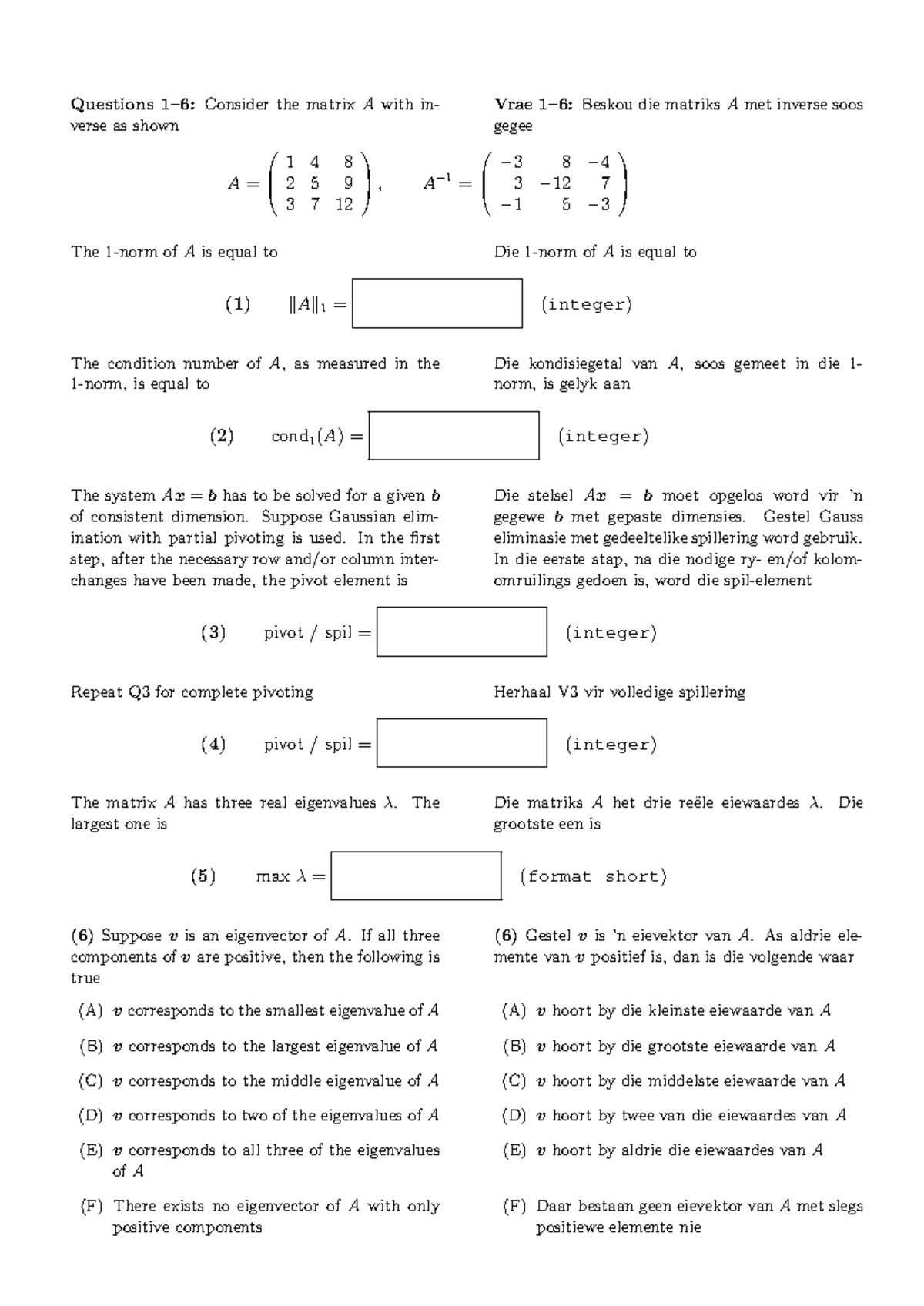 Numerical Methods A2 2023 - Questions 1–6: Consider the matrix A with in- verse as shown Vrae 1 ...