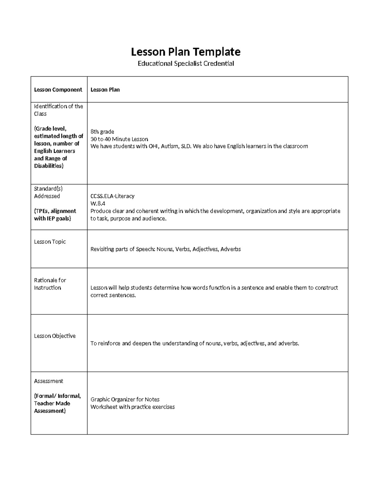 Lesson Plan Parts of Speech 2 19 - Lesson Plan Template Educational ...
