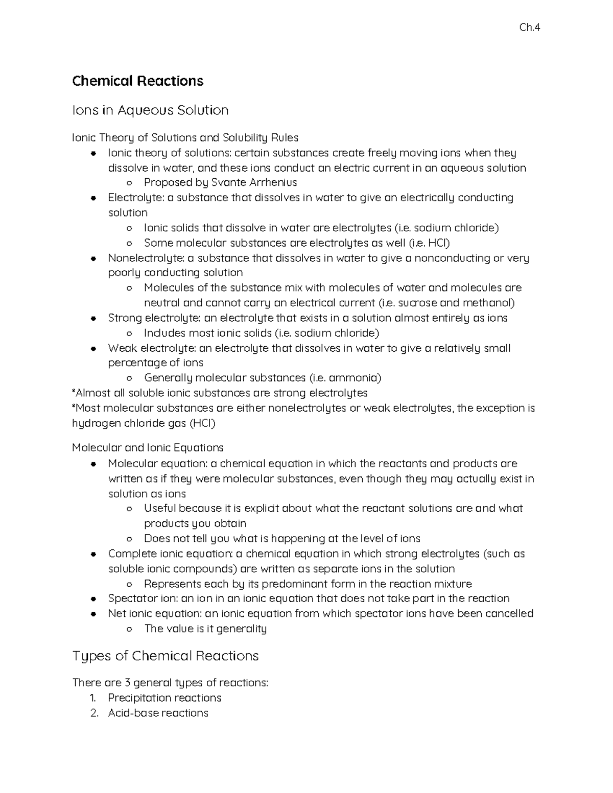 Ch.4 Notes - Ch Chemical Reactions Ions in Aqueous Solution Ionic ...