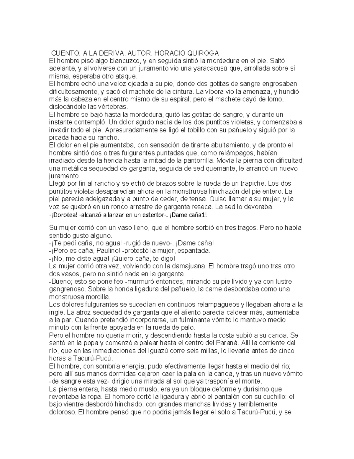 Prueba icfes noveno - CUENTO: A LA DERIVA. AUTOR. HORACIO QUIROGA El ...