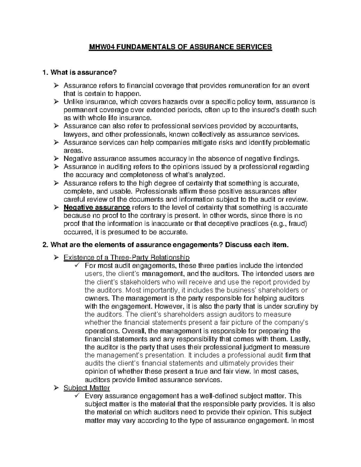 Assignment in Auditing 01 - Fundamentals of Assurance Services - MHW04 ...