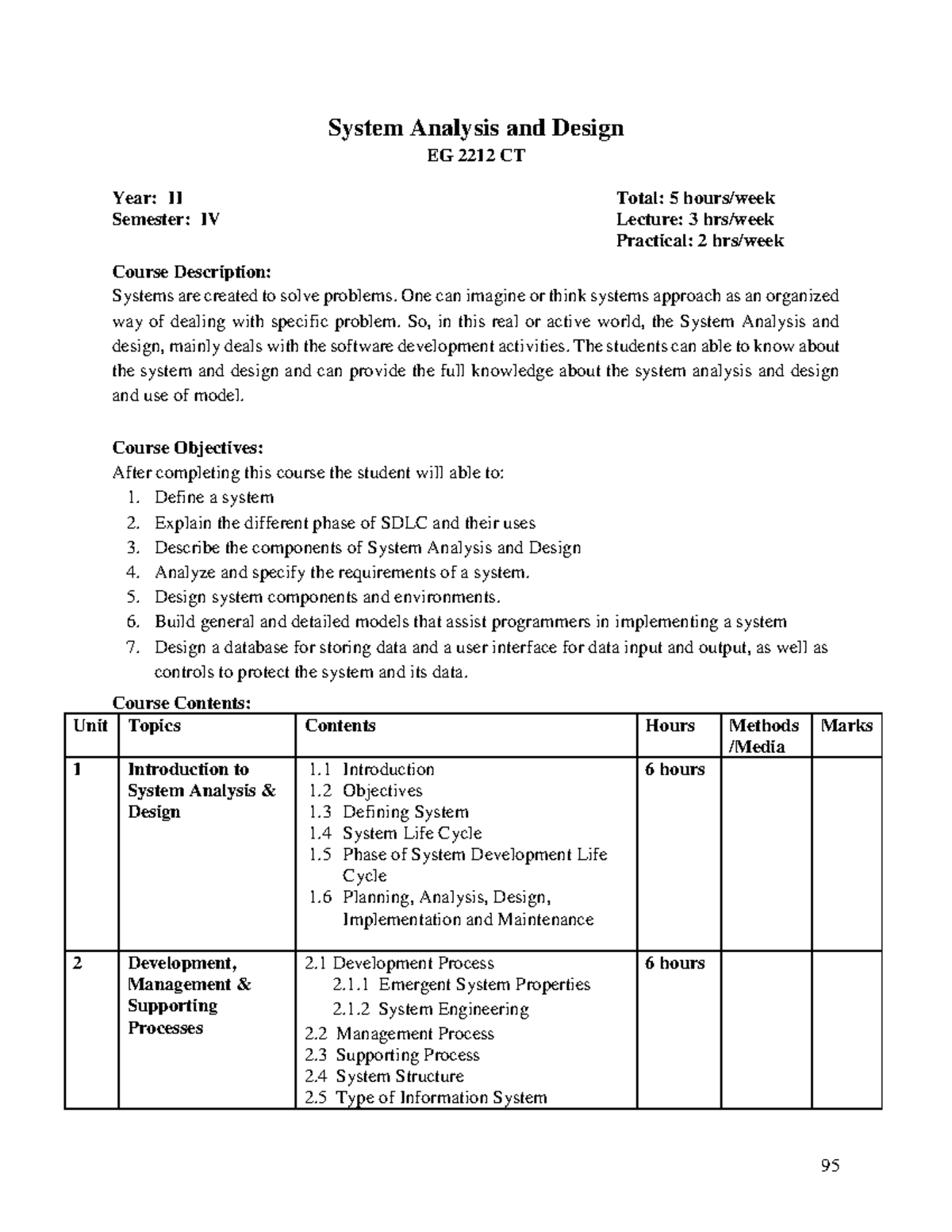 SAD syllabus - 95 System Analysis and Design EG 2212 CT Year: II Total ...