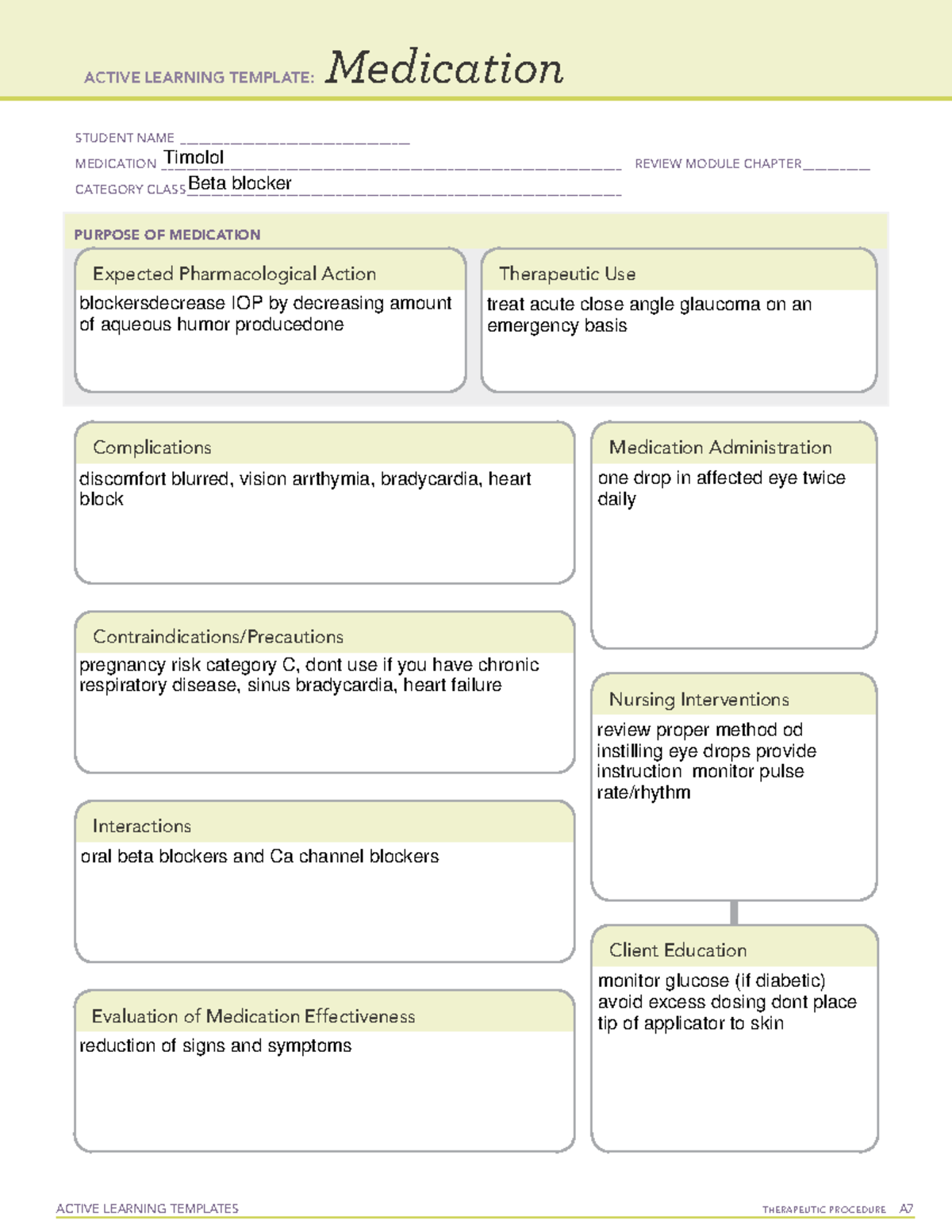 ATI Timolol - ACTIVE LEARNING TEMPLATES THERAPEUTIC PROCEDURE A ...