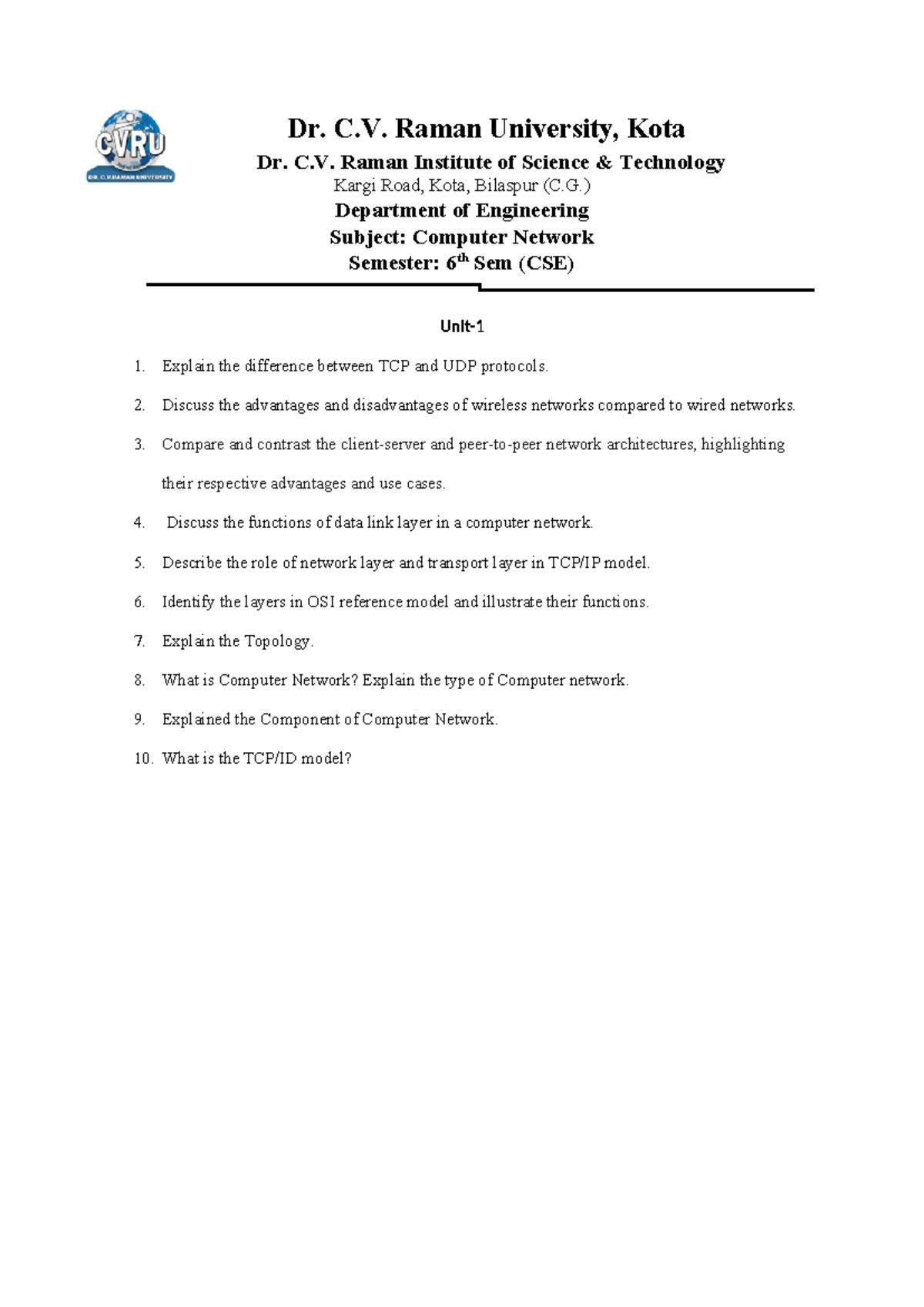 Assignment of Computer Network -1 - Dr. C. Raman University, Kota Dr. C ...