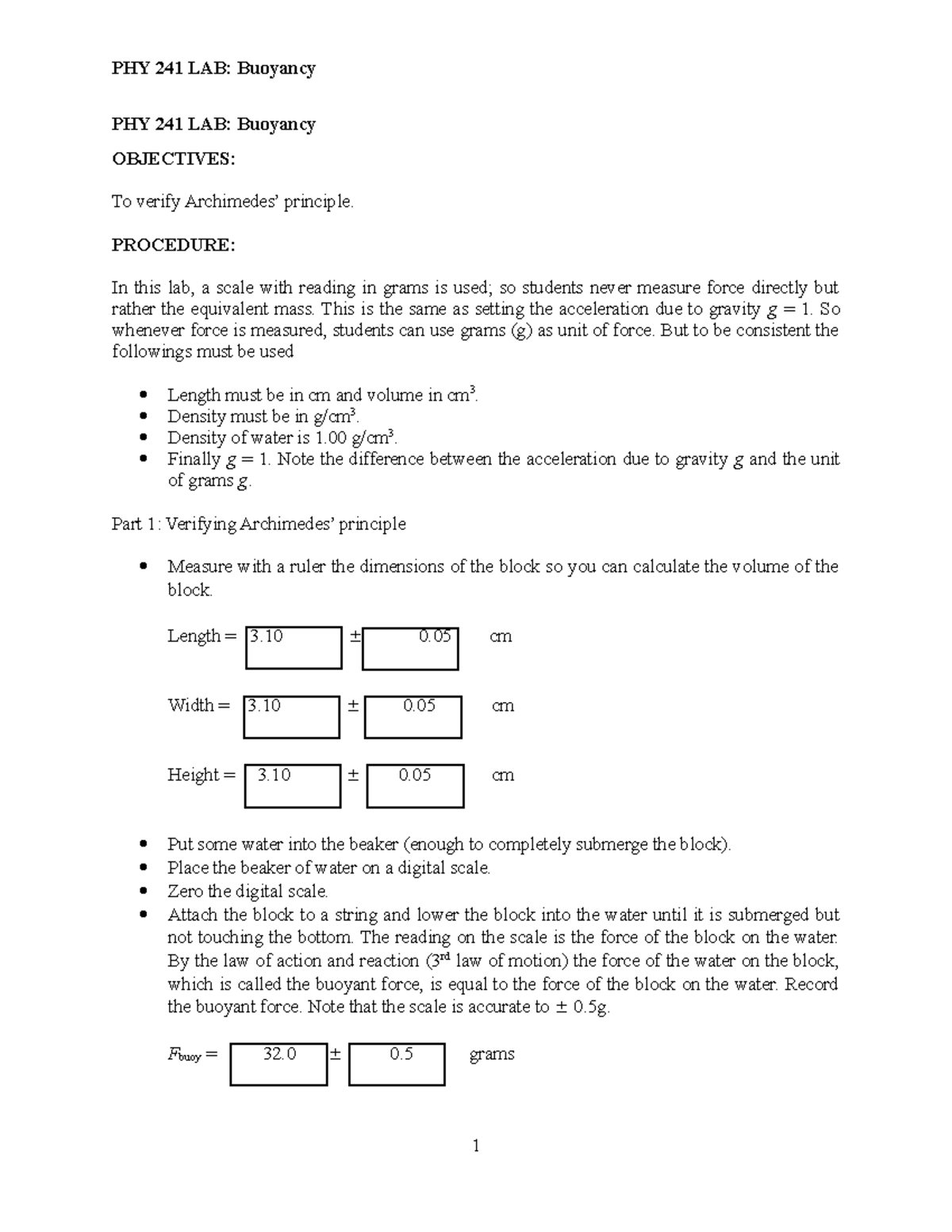 PHY 241 LAB Buoyancy - Give the way to solve and gives examples - PHY 241 LAB: Buoyancy PHY 241 ...