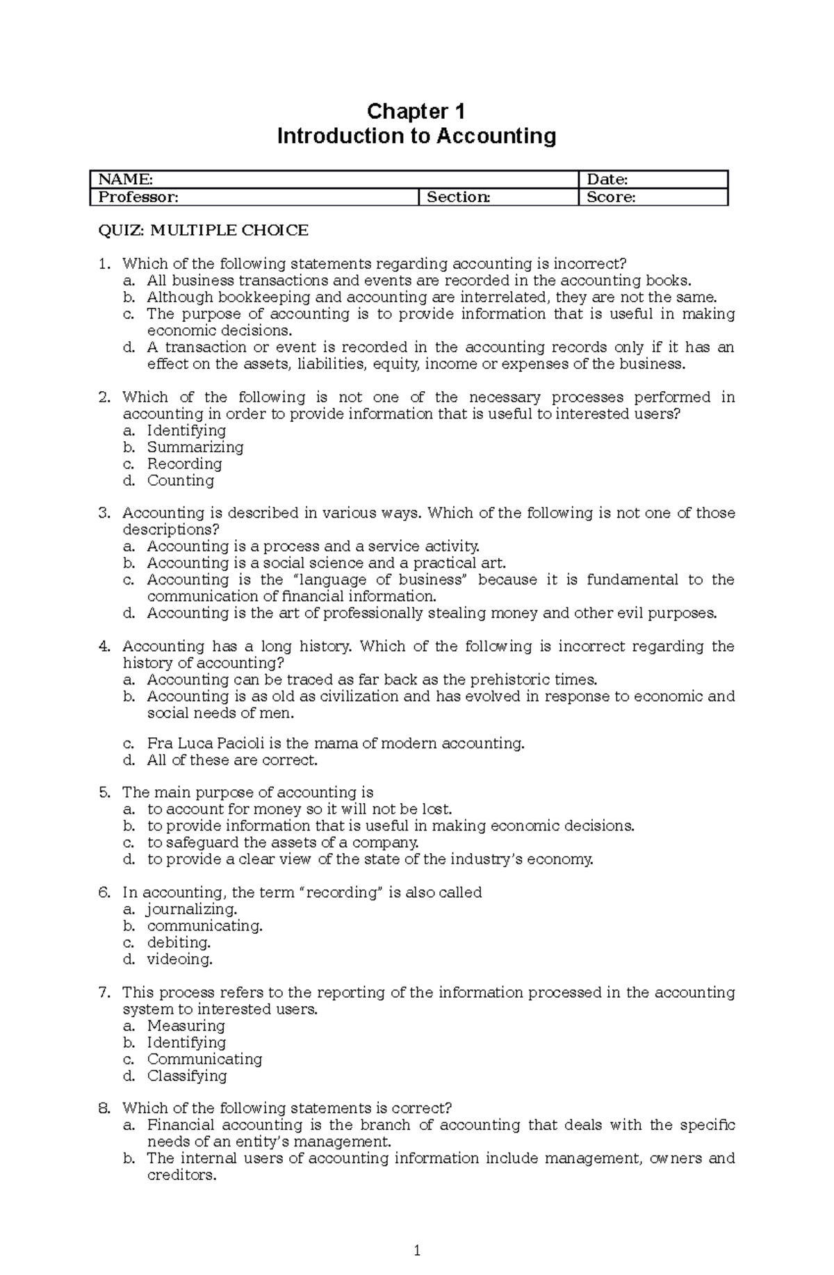 Quizzes Chapter 1 Introduction TO Accounting - Bachelor of Science in ...