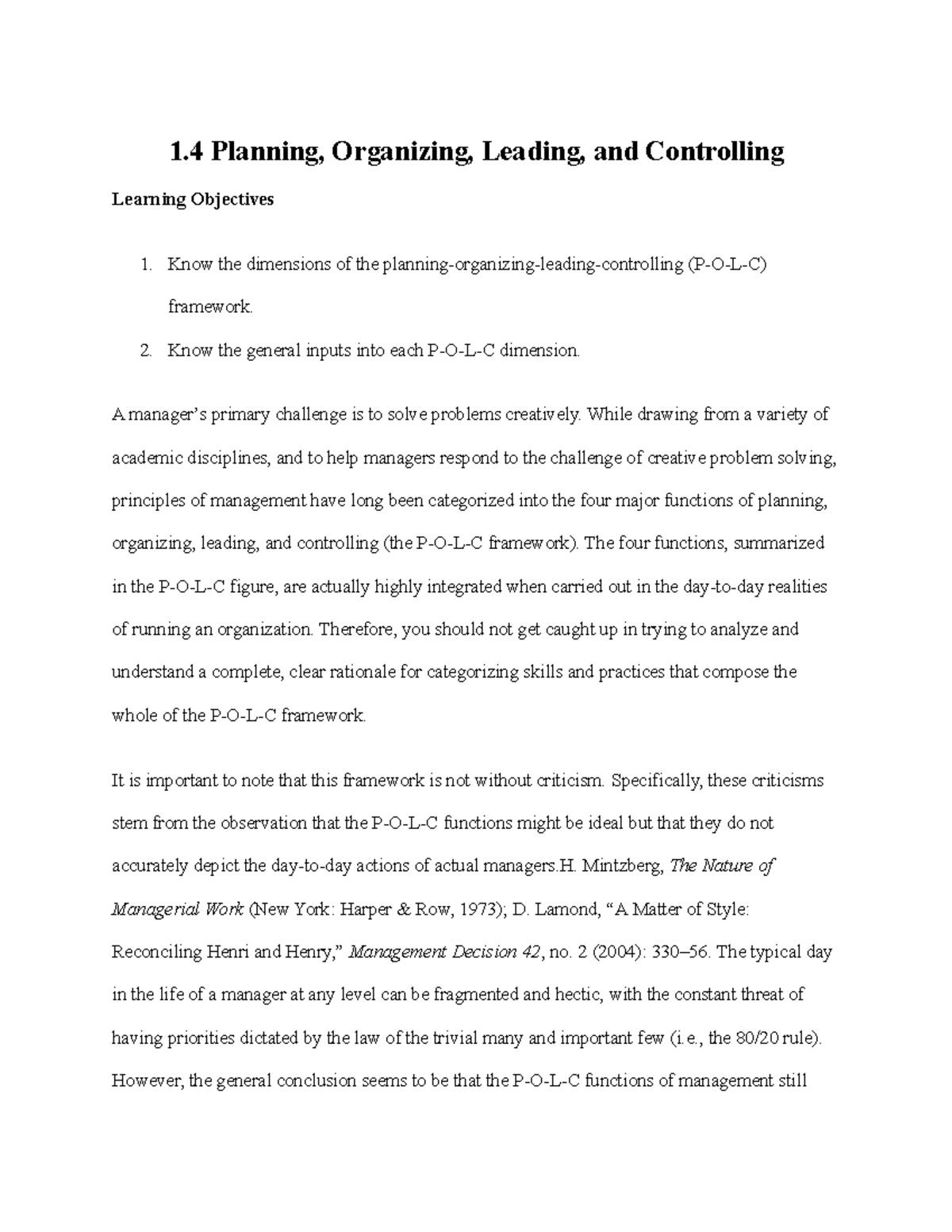1 4 Planning Organizing Leading And Controlling 1 Planning 