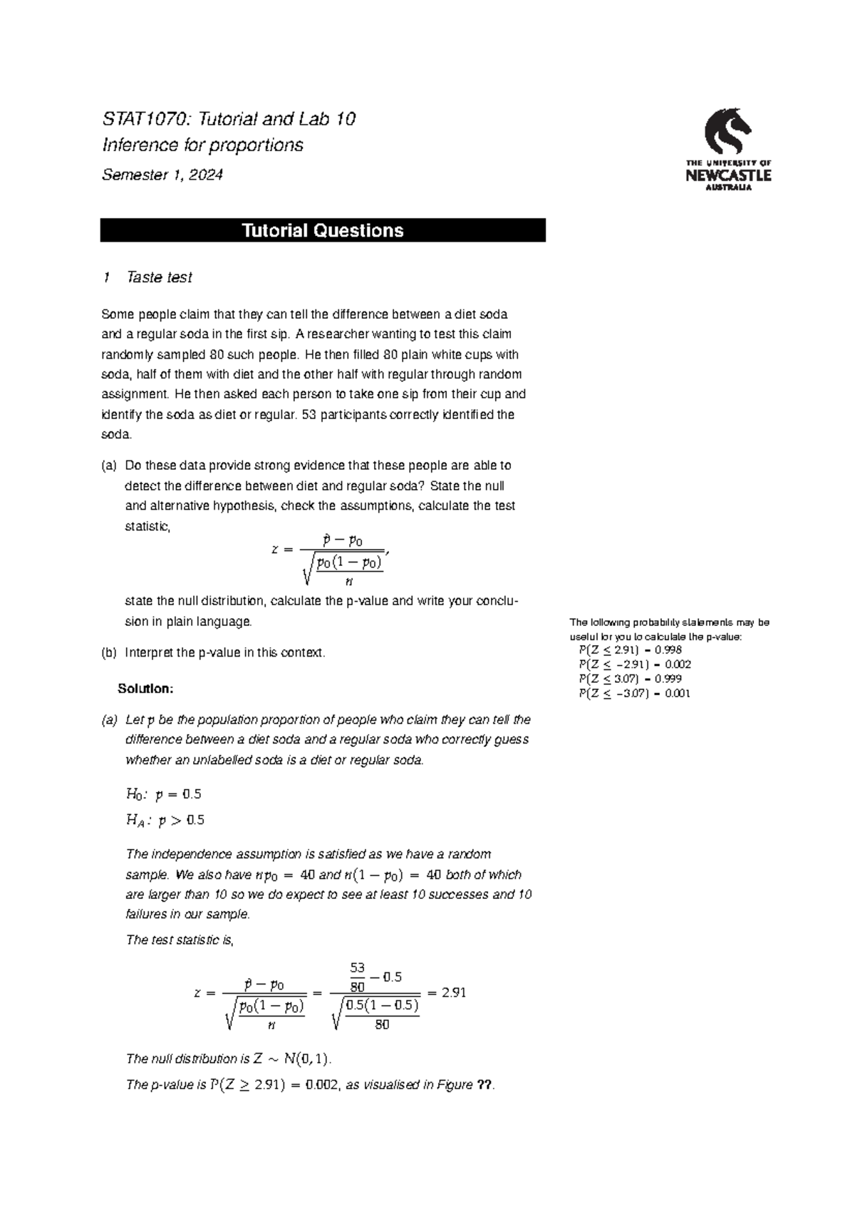 Topic 10 - Tutorial and lab questions and solutions - STAT1070: Tutorial and Lab 10 Inference ...