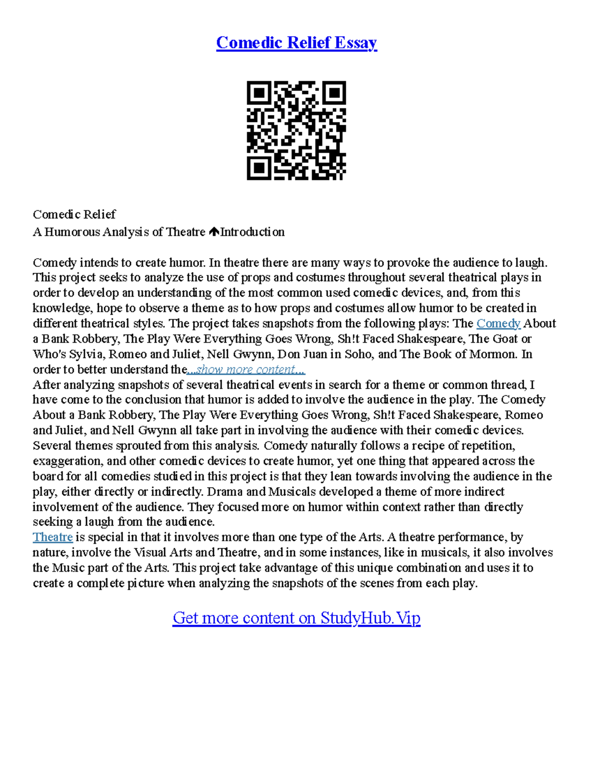 Humorous Essays - Comedic Relief Essay Comedic Relief A Humorous ...