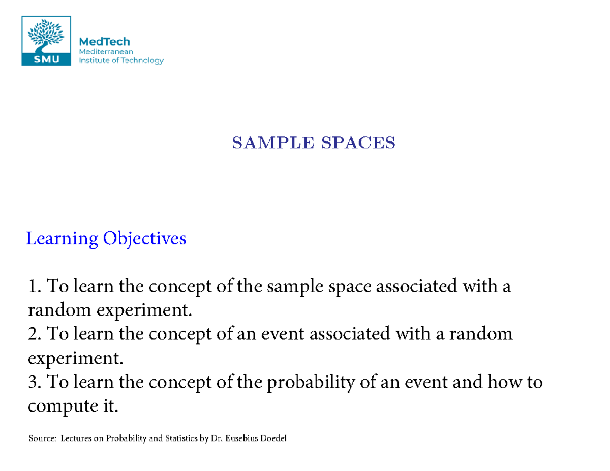 Sample Space S21 - CALCULUS AND PROBA - 1. To learn the concept of the ...