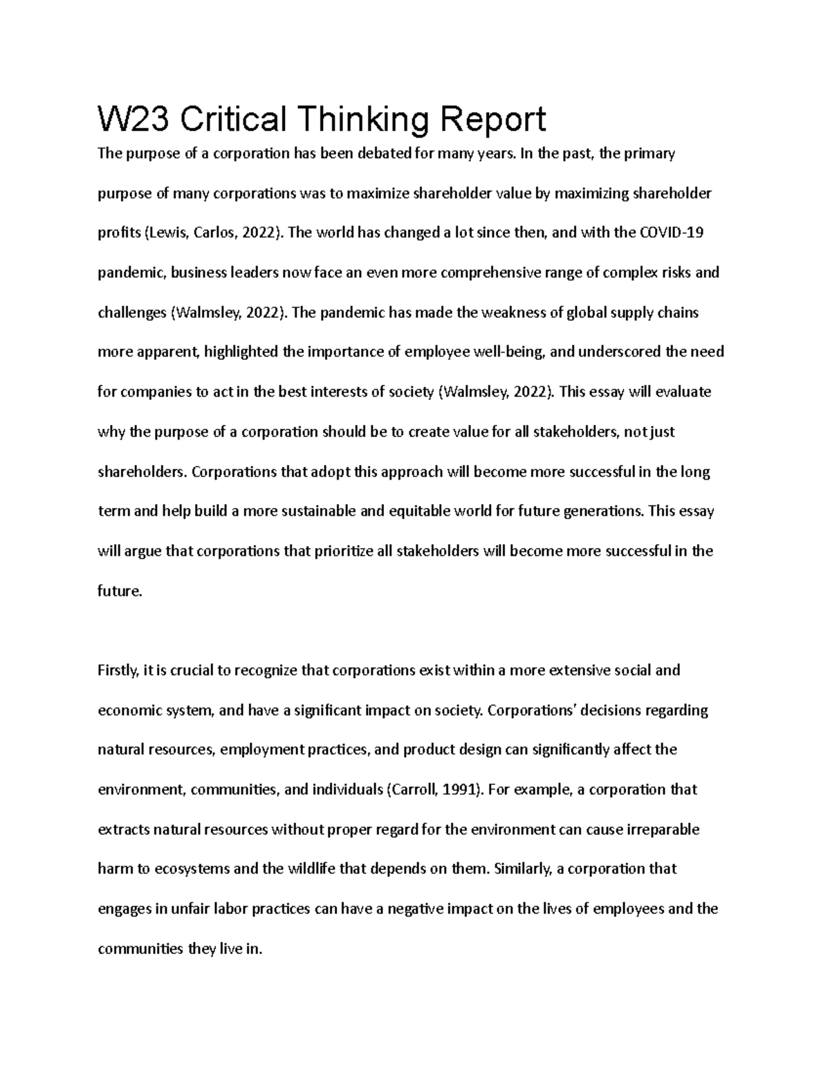 Critical thinking report - A. - W23 Critical Thinking Report The ...