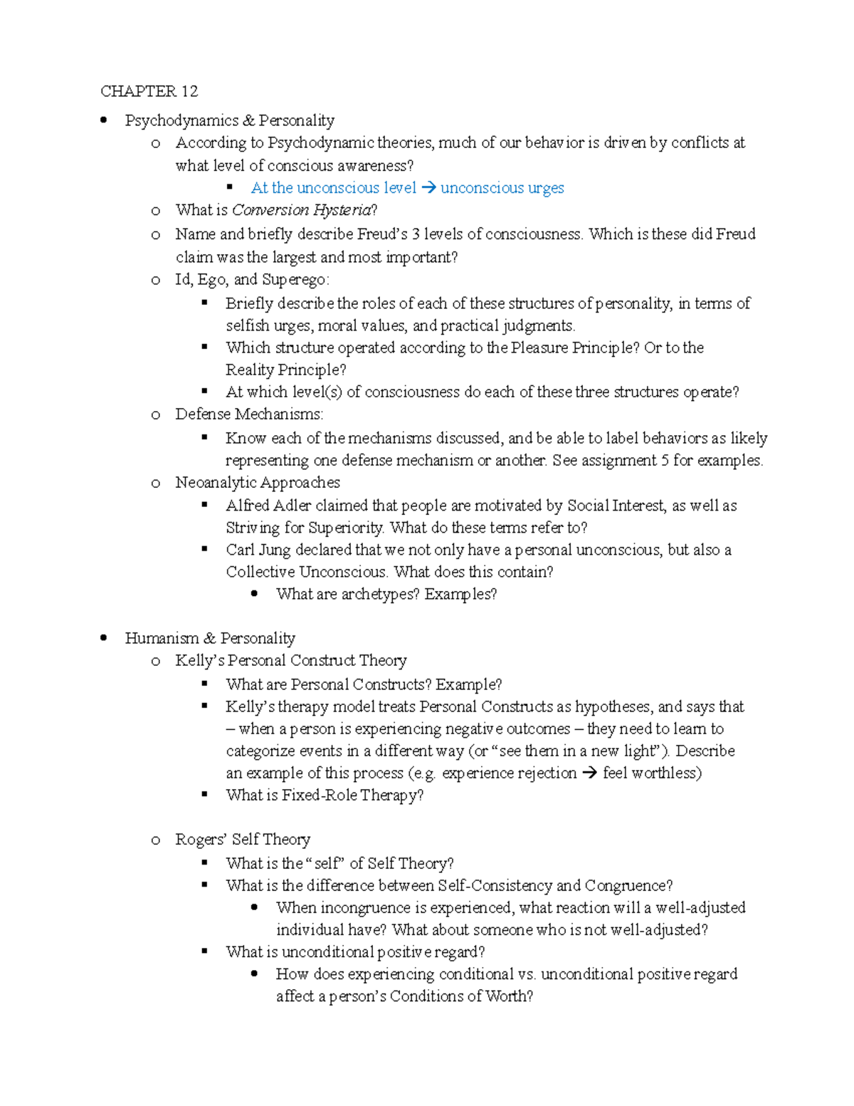 Ch. 12 Study Guide - Updated - CHAPTER 12 Psychodynamics & Personality ...