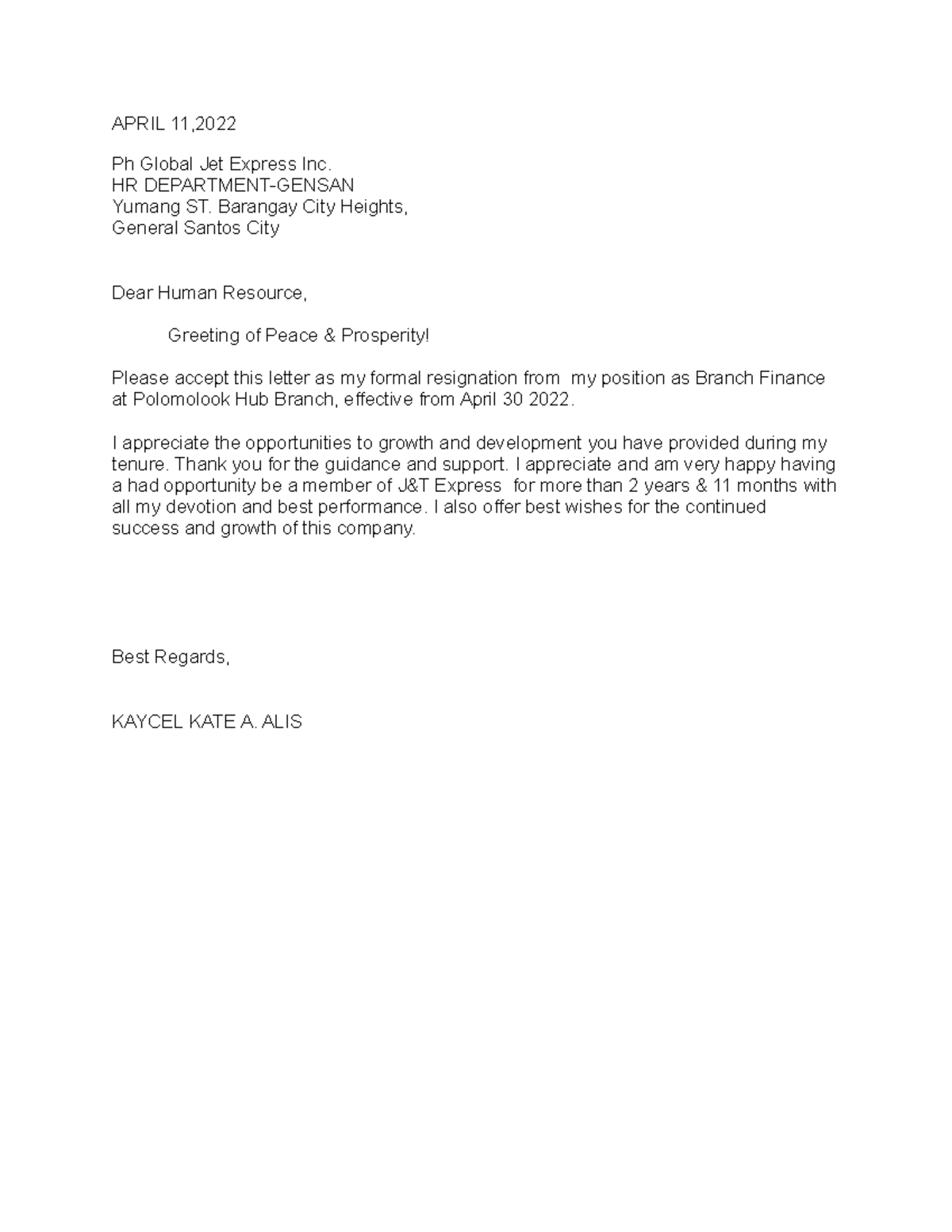 Resignation - APRIL 11, Ph Global Jet Express Inc. HR DEPARTMENT-GENSAN ...