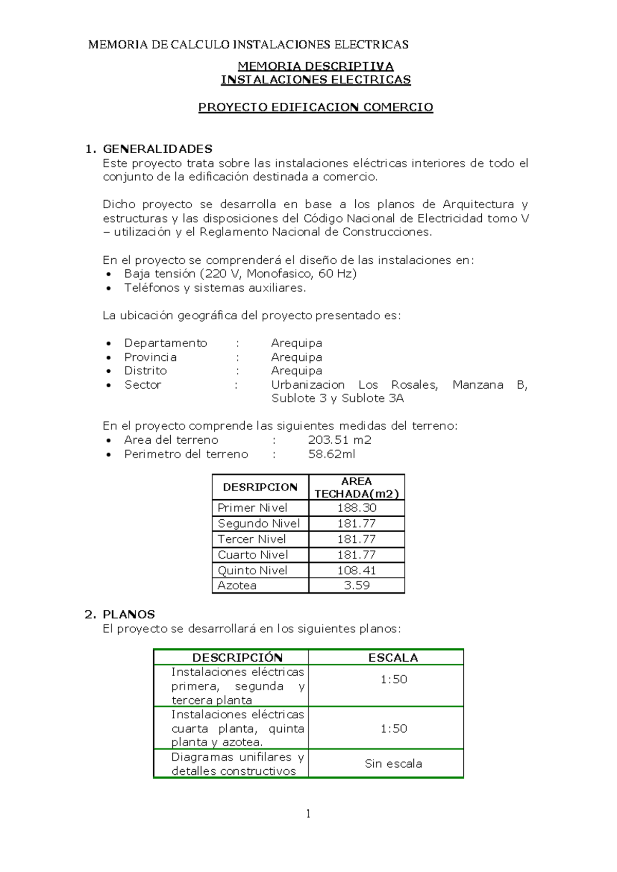 Memoria Electricas Vivienda Multifamiliar Comercio - MEMORIA DESCRIPTIVA INSTALACIONES ...