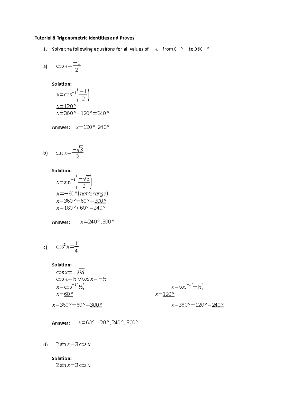 2018-2019 Tutorial No 8 Trigonometric Identities and Proves - Tutorial ...