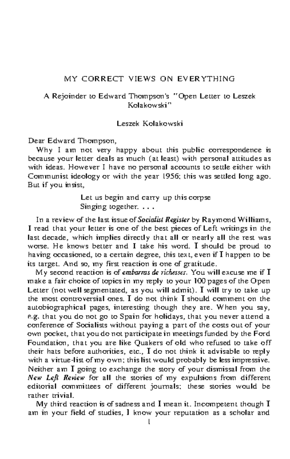 Kolakowski - Reply to EP Thompson - MY CORRECT VIEWS ON EVERYTHING A ...