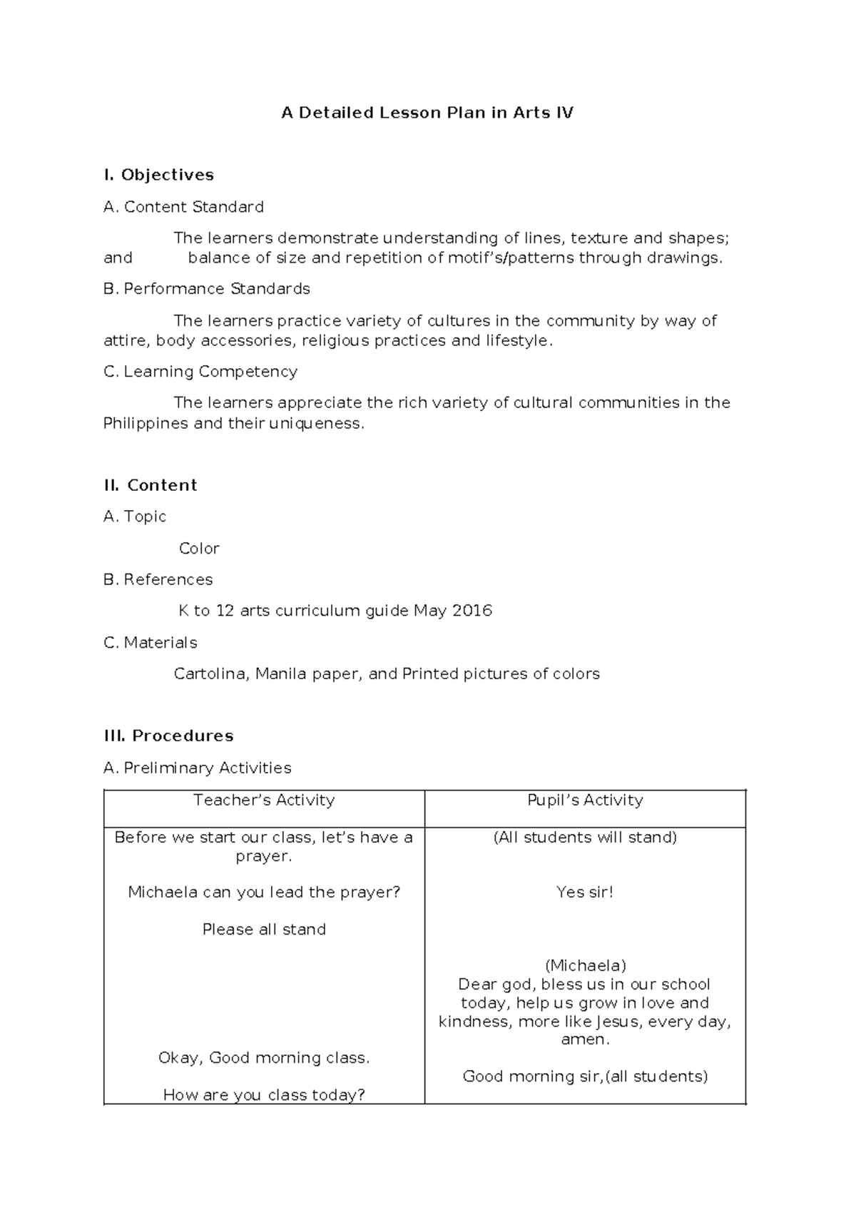Detailed Lesson Plan in Teaching Arts in Elementary Grade IV - A ...