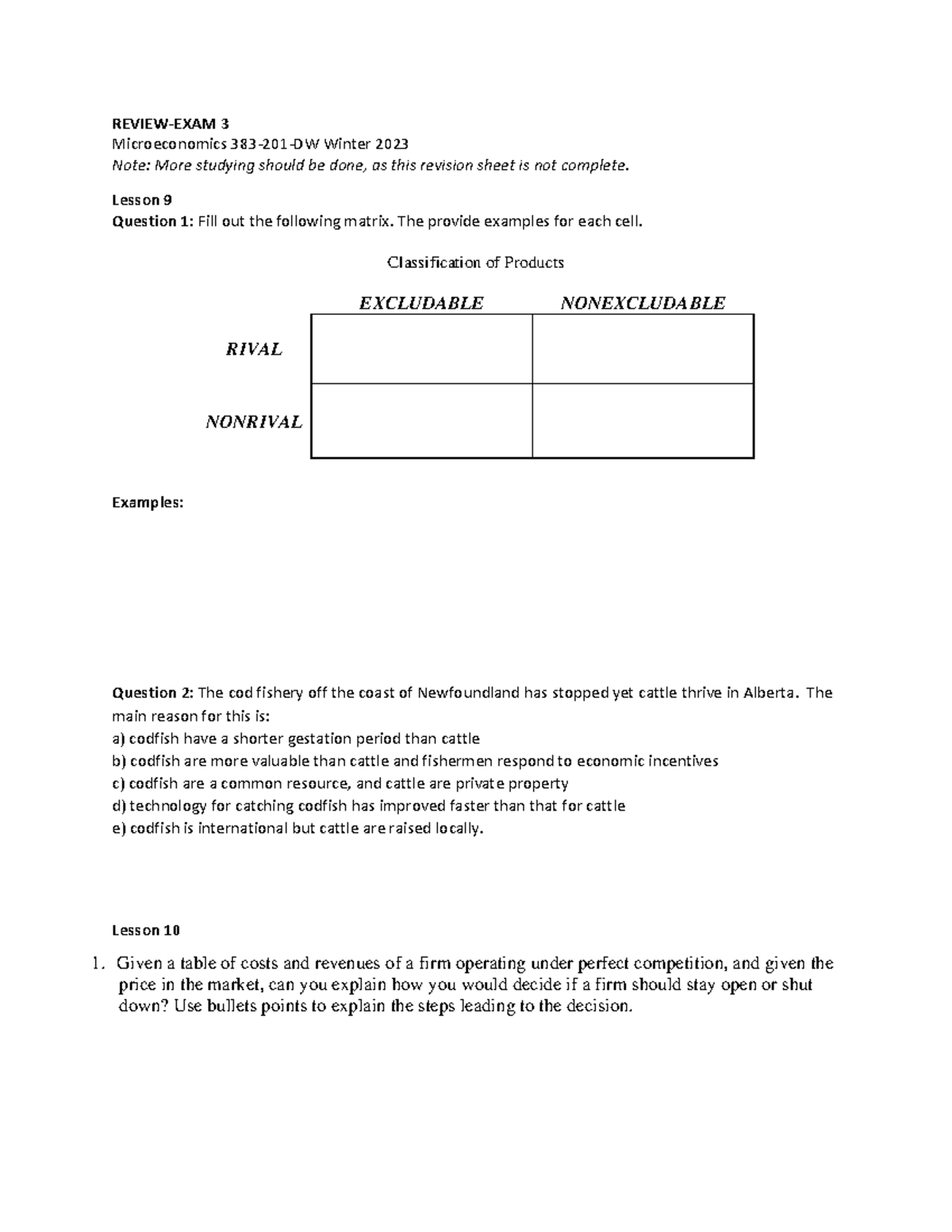 Review Exam 3 Micro W23 Review Exam 3 Microeconomics 383 201 Dw