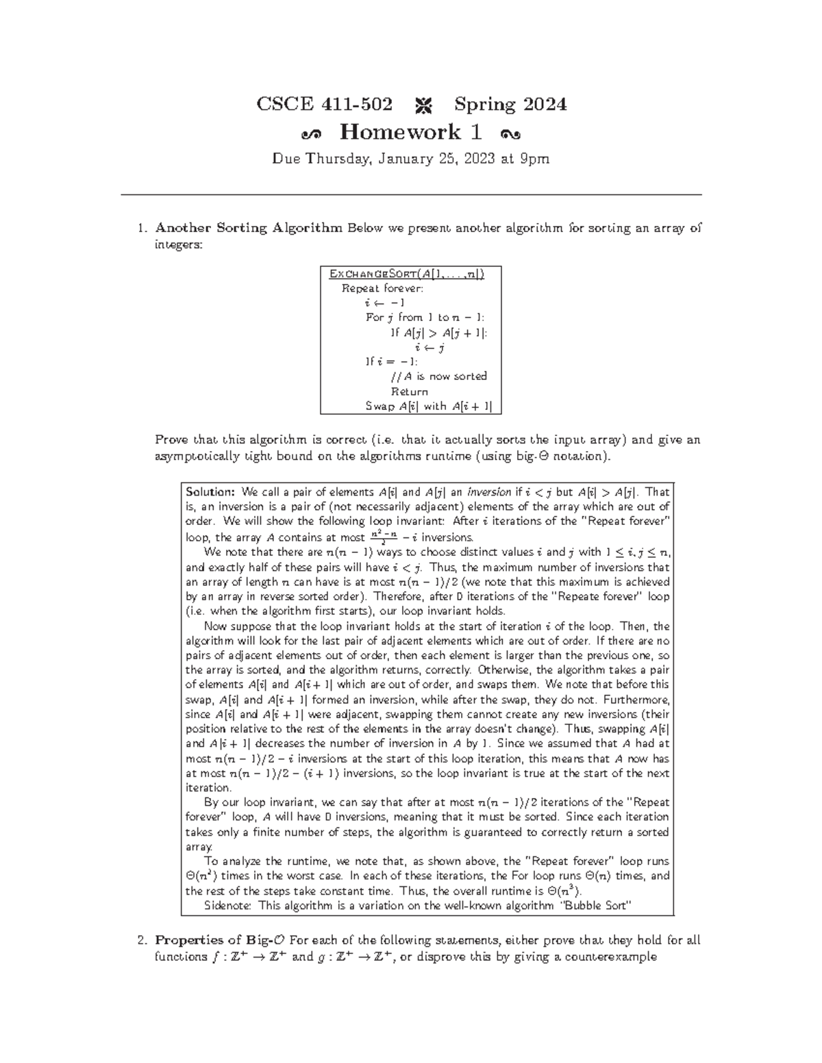Hw1 Solutions Another Sorting Algorithm Properties Of Big O Non Constructive Algorithms 2 D 5924