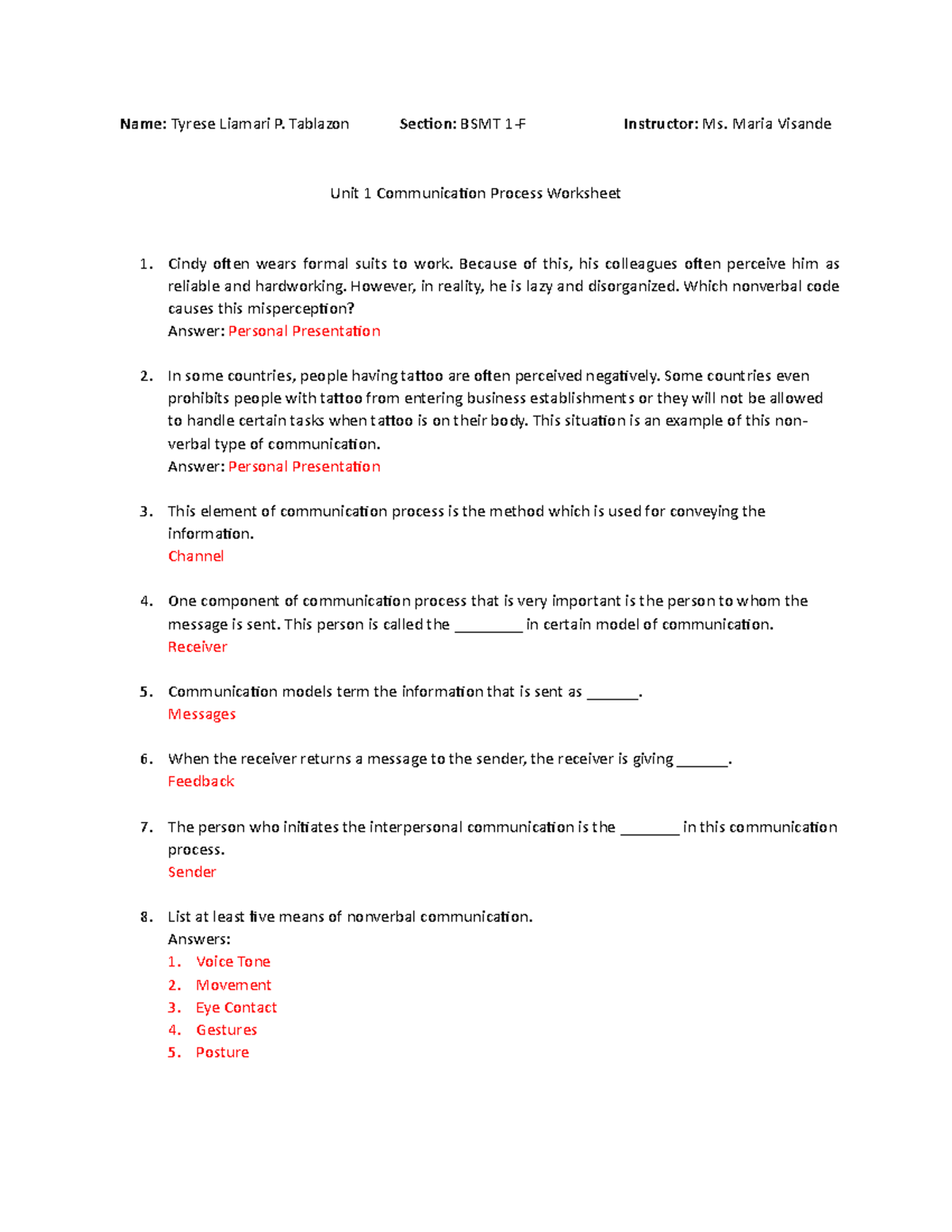 PURCOM Communication-Process-Worksheet - Name: Tyrese Liamari P. Tablazon Section: BSMT 1-F ...