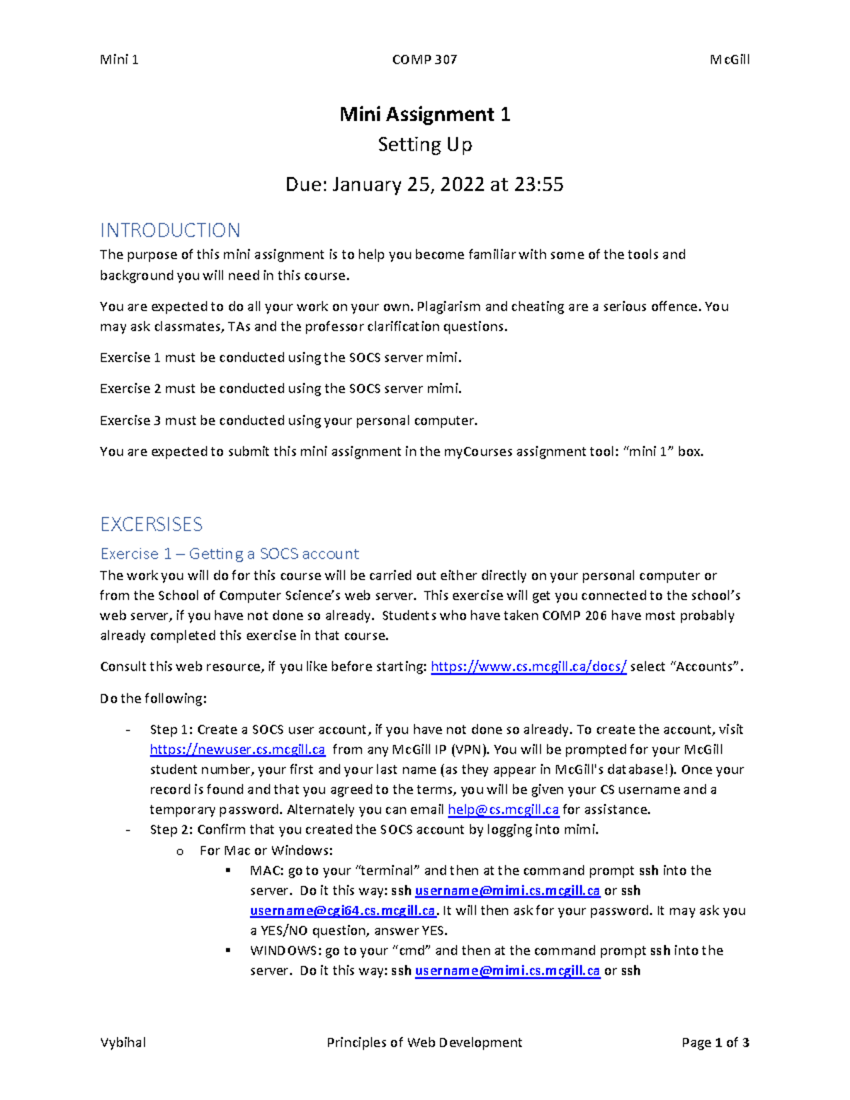 Mini 1 - Setting up vr 1 - Mini 1 COMP 307 McGill Vybihal Principles of Web Development Page 1 ...