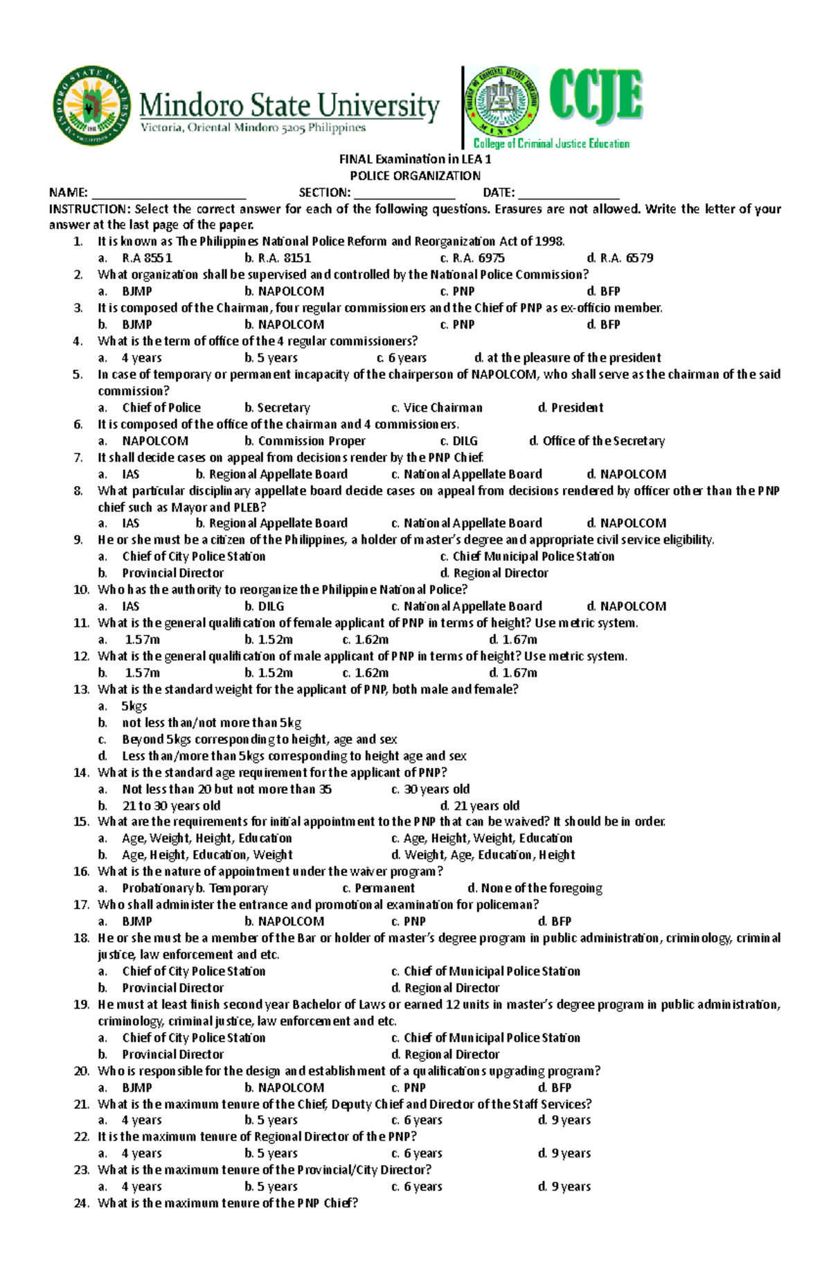 Final Examination in LEA 1 - FINAL Examination in LEA 1 POLICE ...