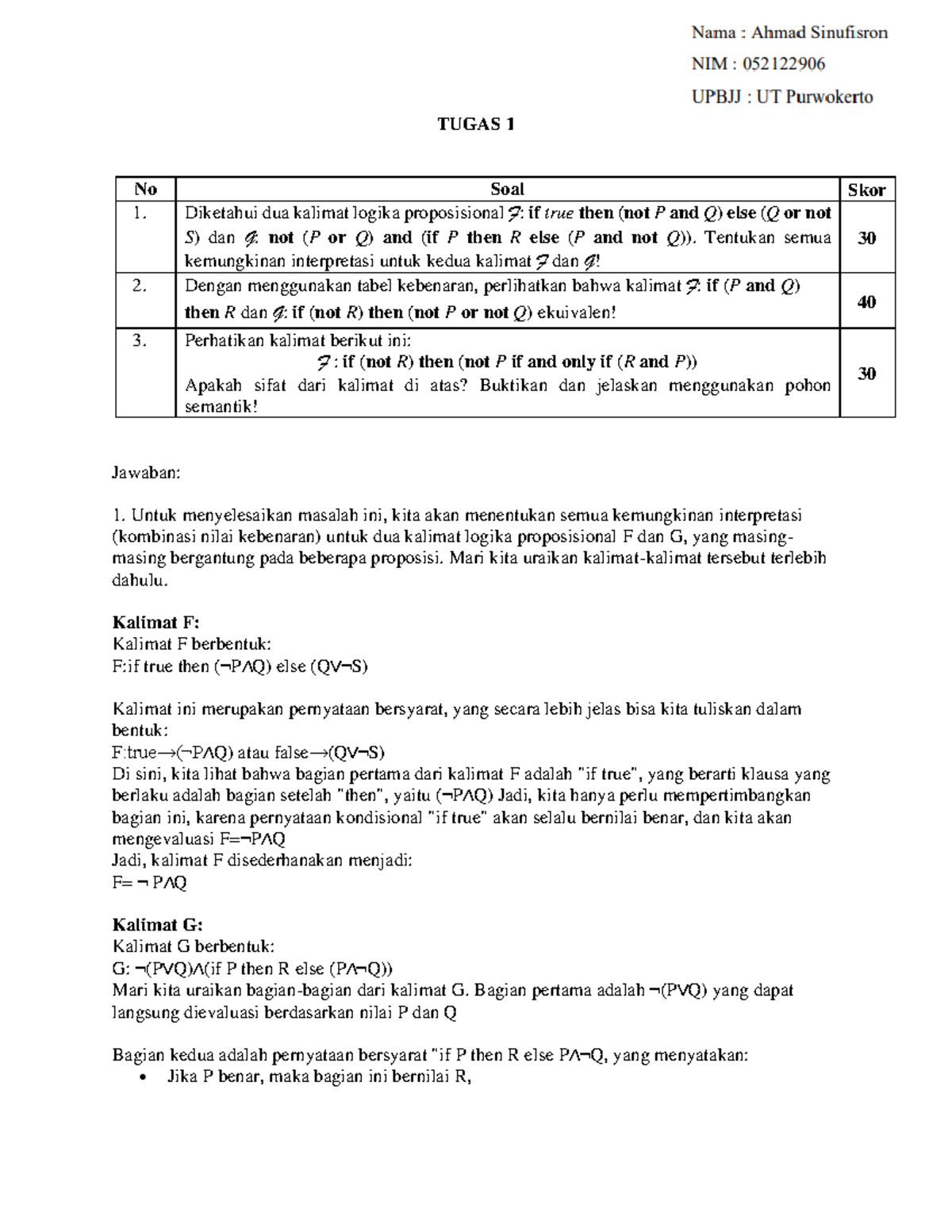 Jawaban Tugas 1 MK Logika Informatika - TUGAS 1 No Soal Skor Diketahui ...