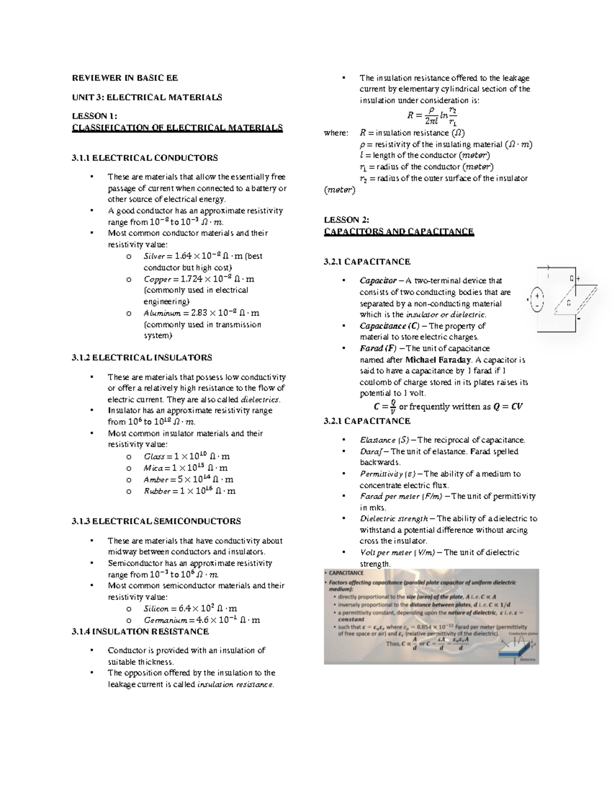 BEE-Reviewer midterm - REVIEWER IN BASIC EE UNIT 3: ELECTRICAL MATERIALS LESSON 1 ...