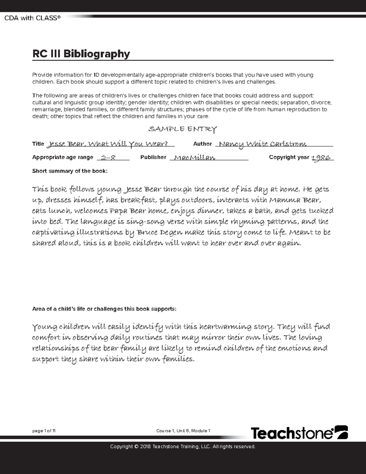 CDA 01 06 01 Template Portfolio Bibliography - 1986 Jesse Bear, What ...