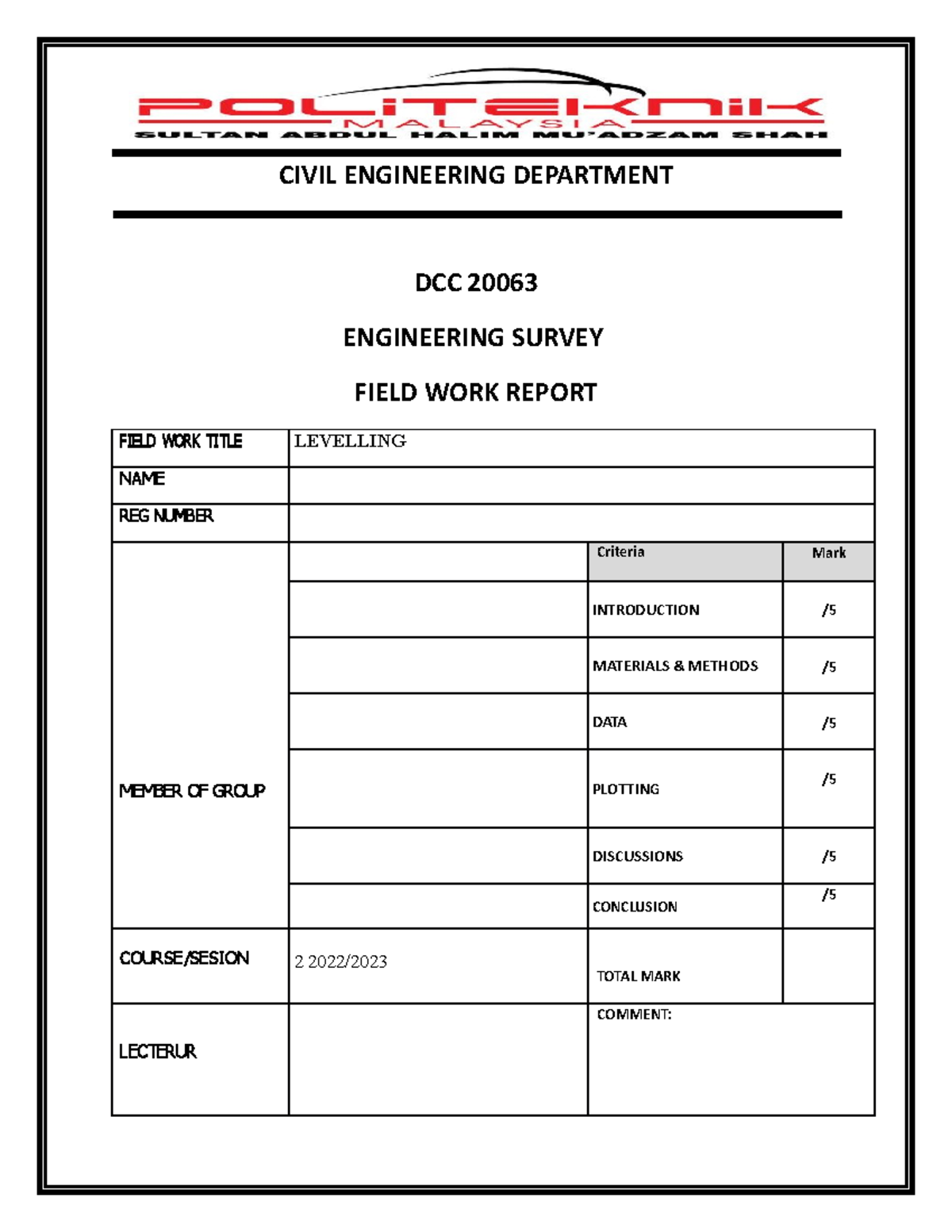 Cover Report Levelling - CIVIL ENGINEERING DEPARTMENT DCC 20063 ...