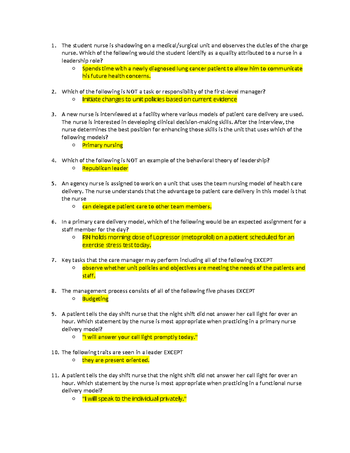 MOC Quiz 1 Practice Questions - 1. The student nurse is shadowing on a ...