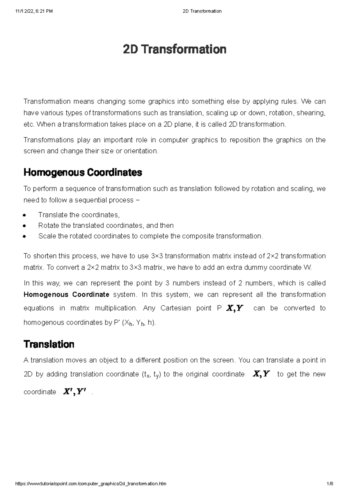 2D Transformation - 2D Transformation Transformation means changing ...
