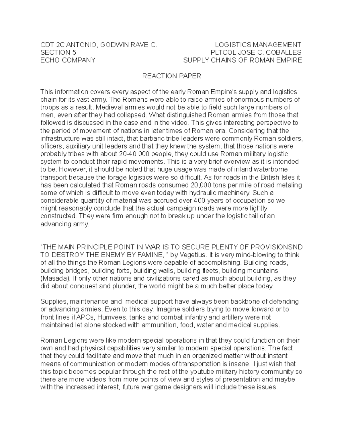 Reaction Paper - CDT 2C ANTONIO, GODWIN RAVE C. LOGISTICS MANAGEMENT ...